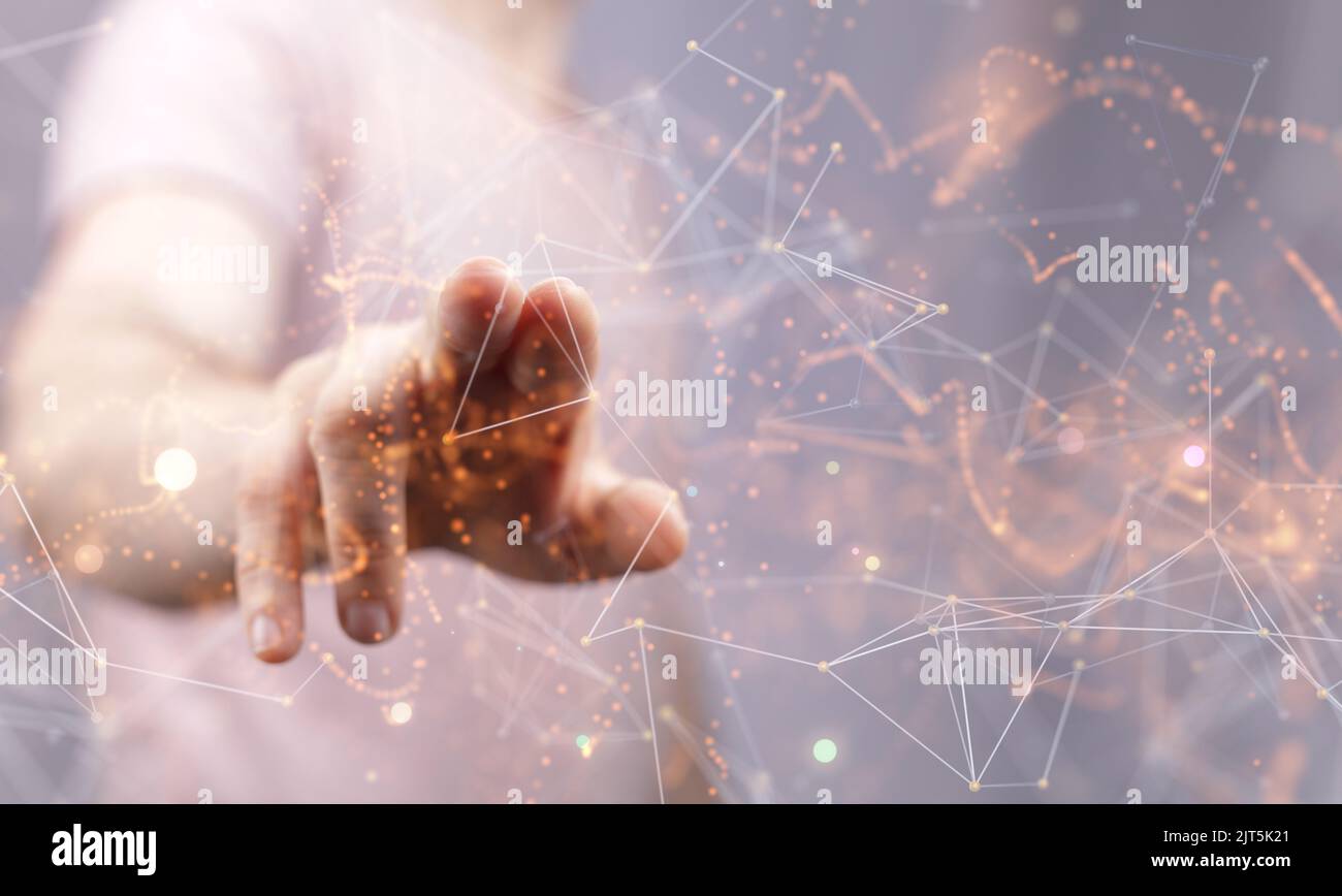 A 3D rendered global network hovering in mans hand Stock Photo - Alamy