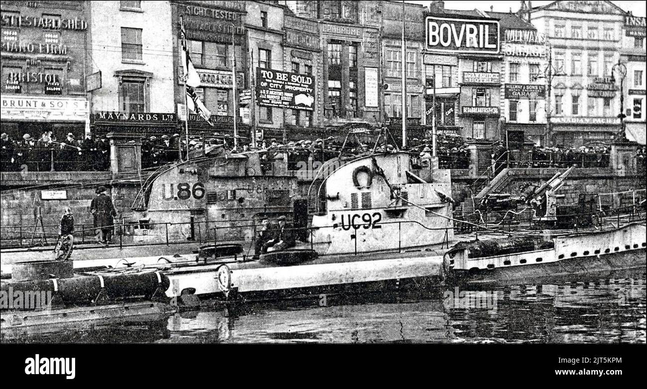 Uboats U-86 and UC-92 on exhibtion in Bristol. 1918 Stock Photo - Alamy