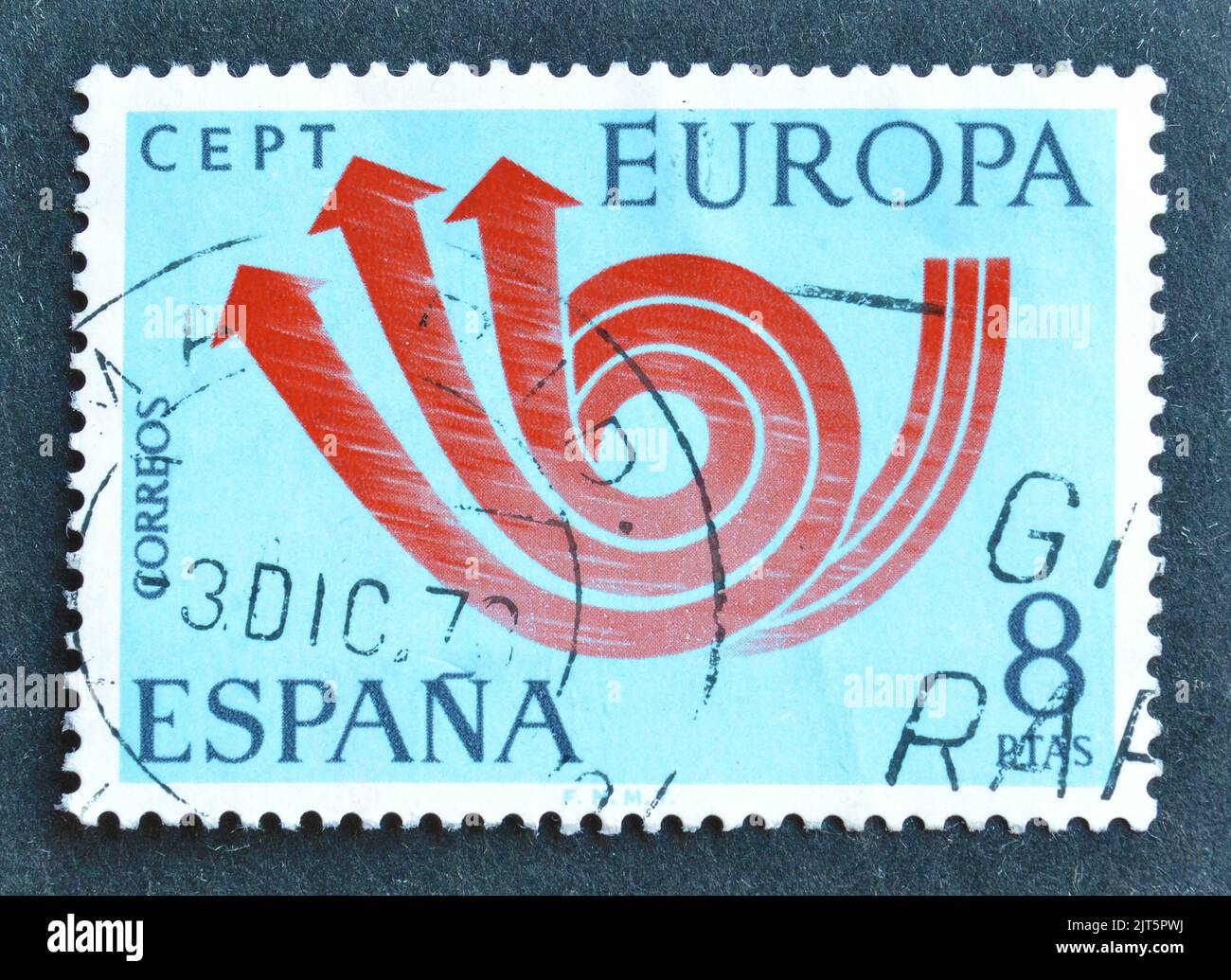 Cancelled postage stamp printed by Spain, that shows Arrows, CEPT Logo ...