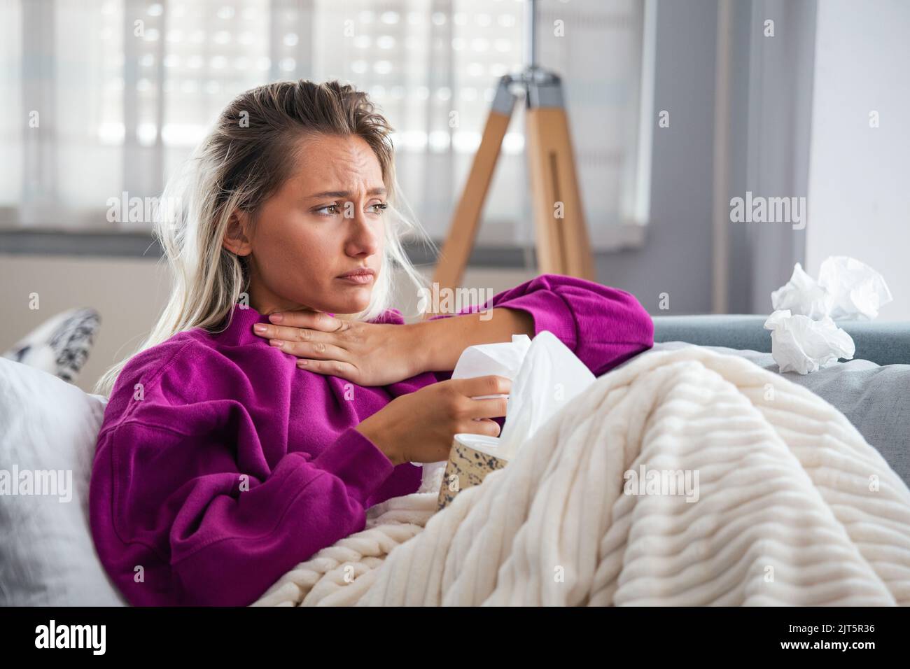 Cold And Flu. Portrait Of Ill Woman Caught Cold, Feeling Sick And ...