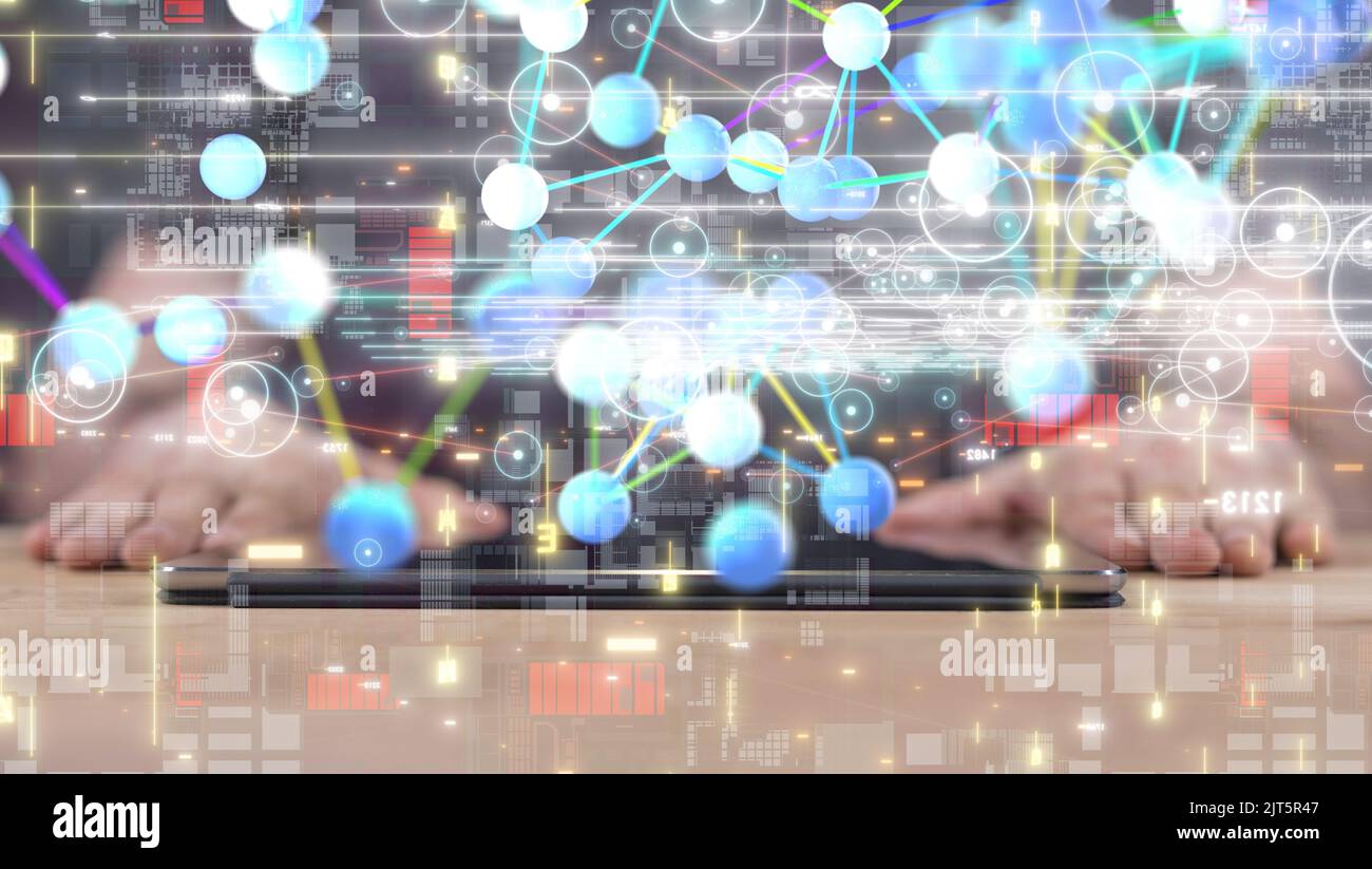 The digital network lines and spheres flying over the tablet - data ...