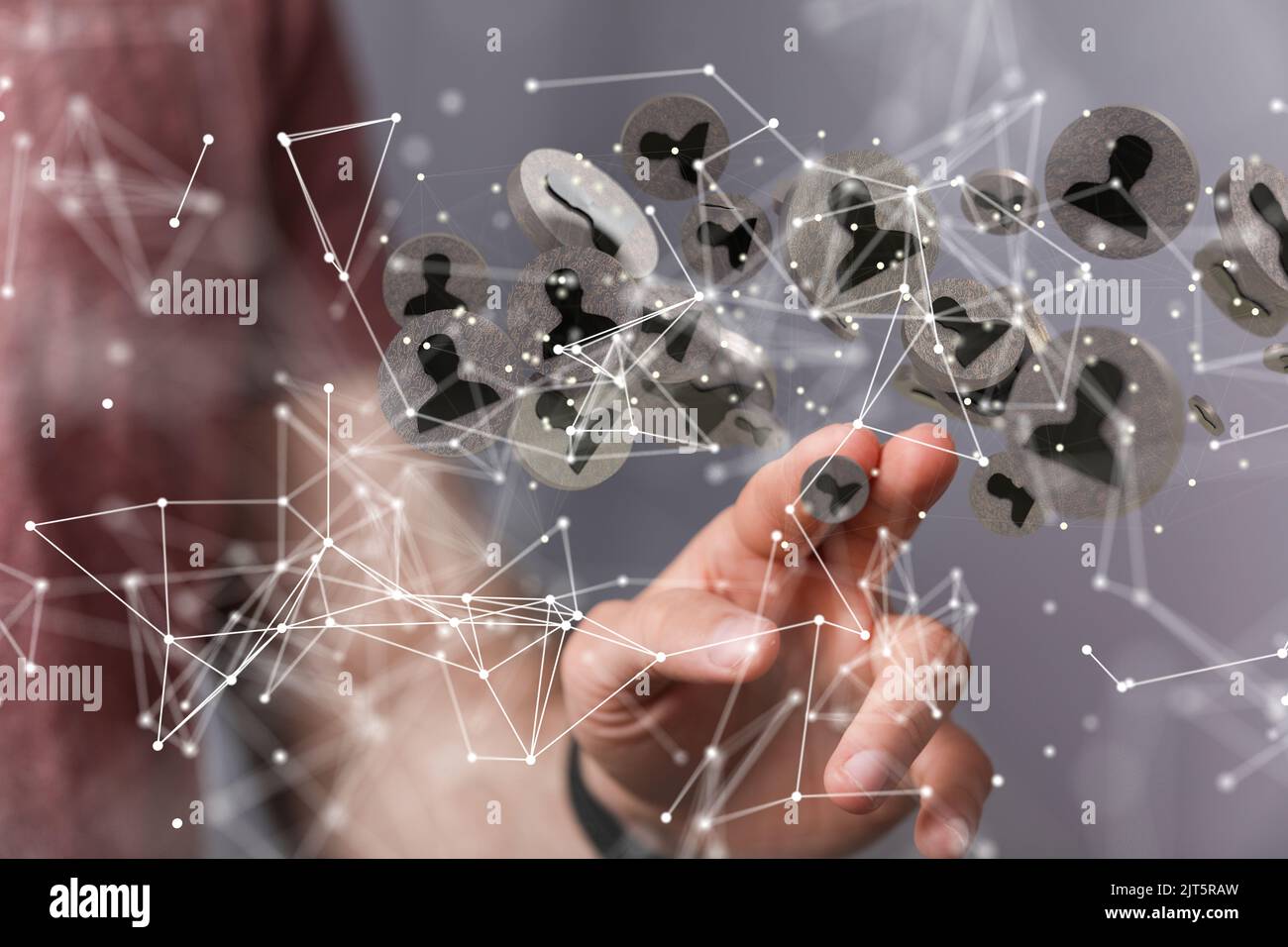 The man's hand touching hovering profile icons Stock Photo - Alamy