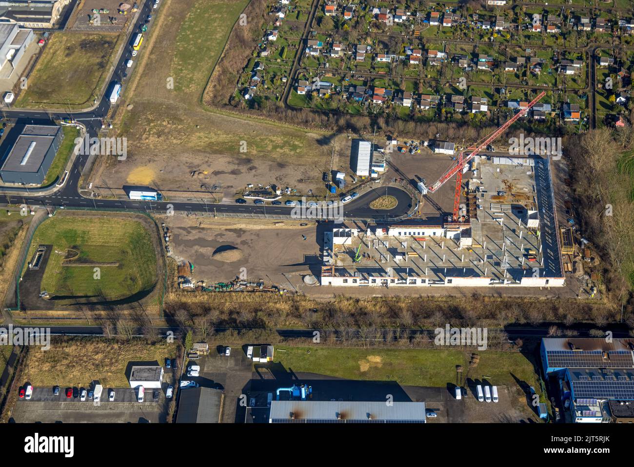 Aerial view, construction site and new building in the industrial area An der Salzstraße in the ...