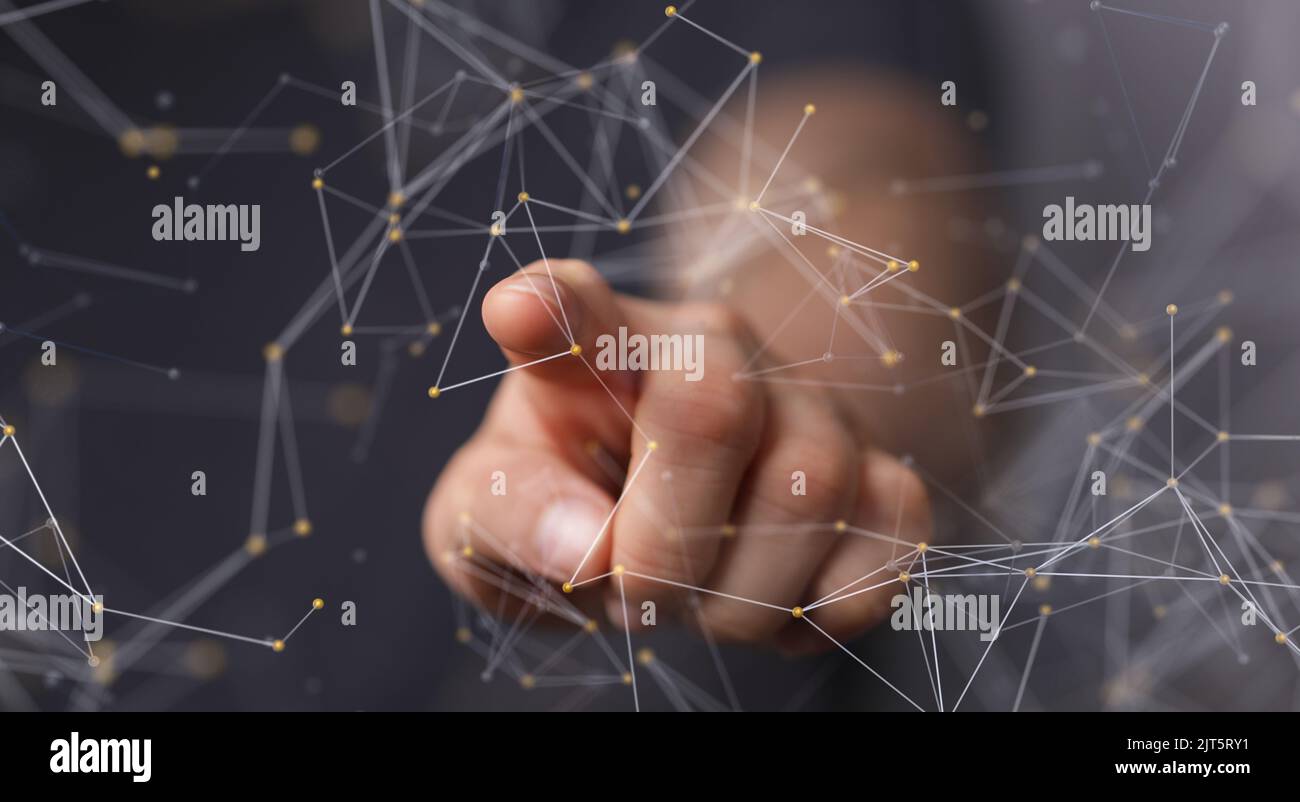 A hand touching 3D rendered network connection dots and lines, digital ...