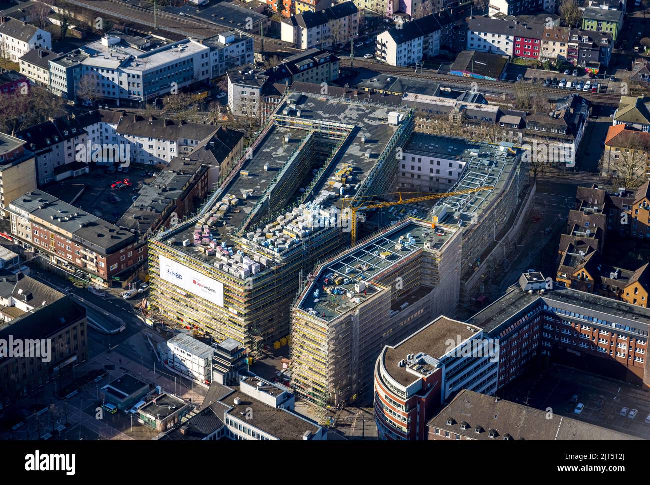 Aerial view, construction site and new building of the business quarter ...