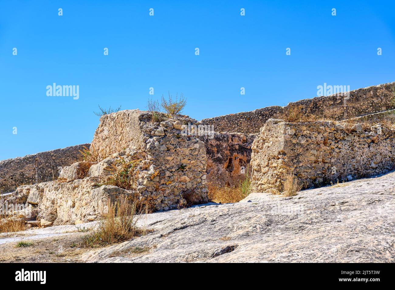 Low angle view of stone walls inside of the medieval military fort ...