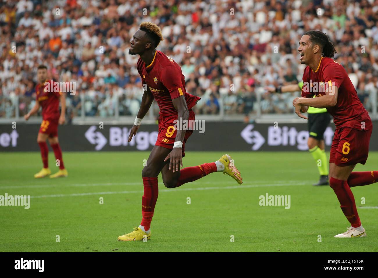 Turin, Italy, 27th August 2022. Tammy Abraham of AS Roma celebrates ...
