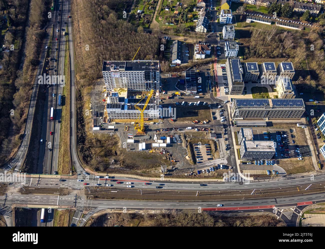 Aerial view, intersection of Universitätsstraße and freeway A448 as ...