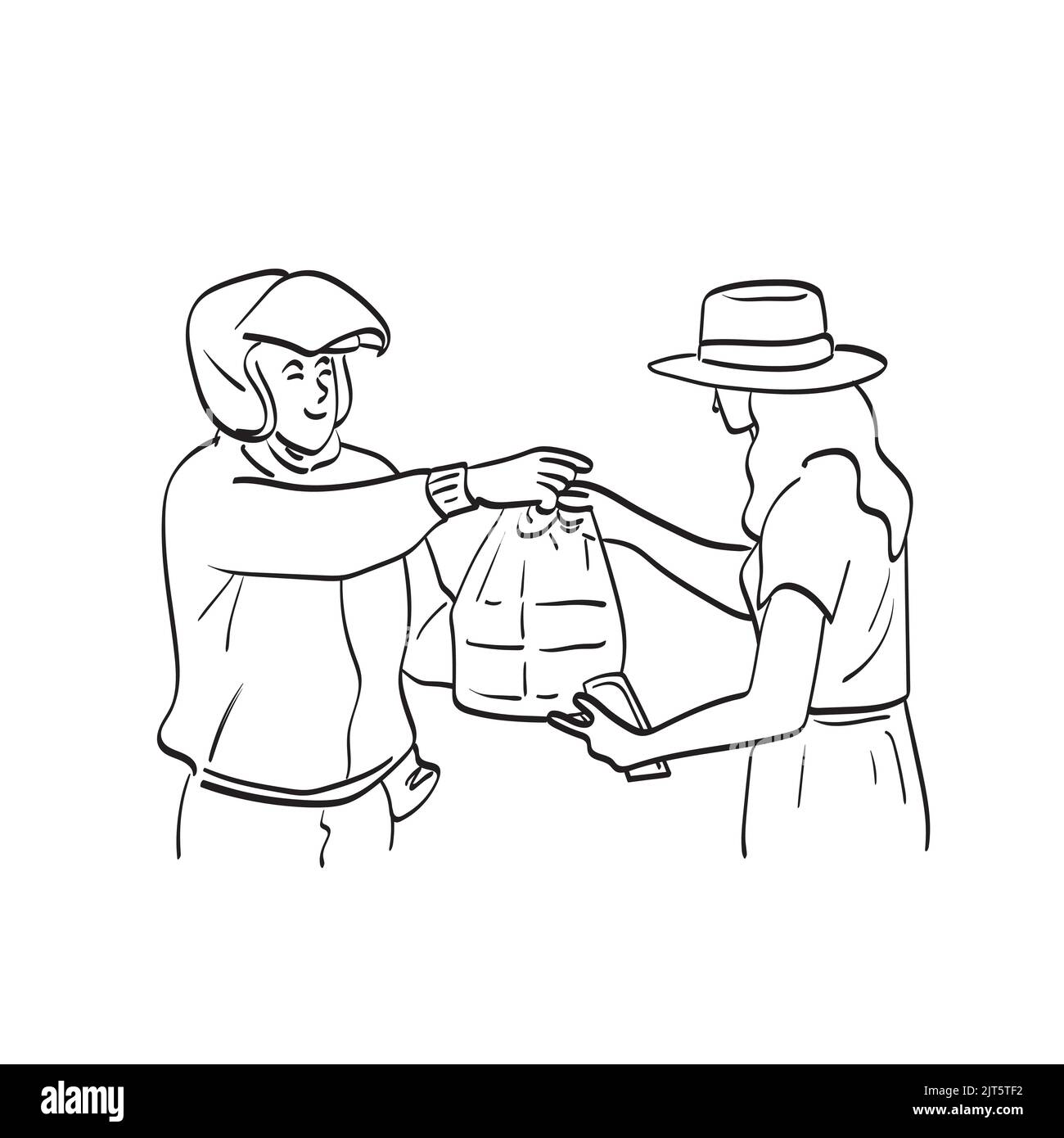 food delivery rider with helmet picks the food for woman illustration ...