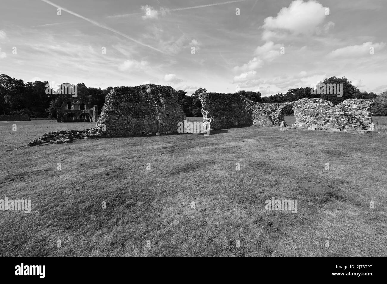 The stone walls of the ruins of a Norman abbey in the UK Stock Photo ...