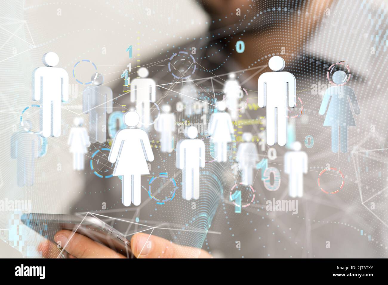 The human icons with binary numbers hovering above the man's hand ...