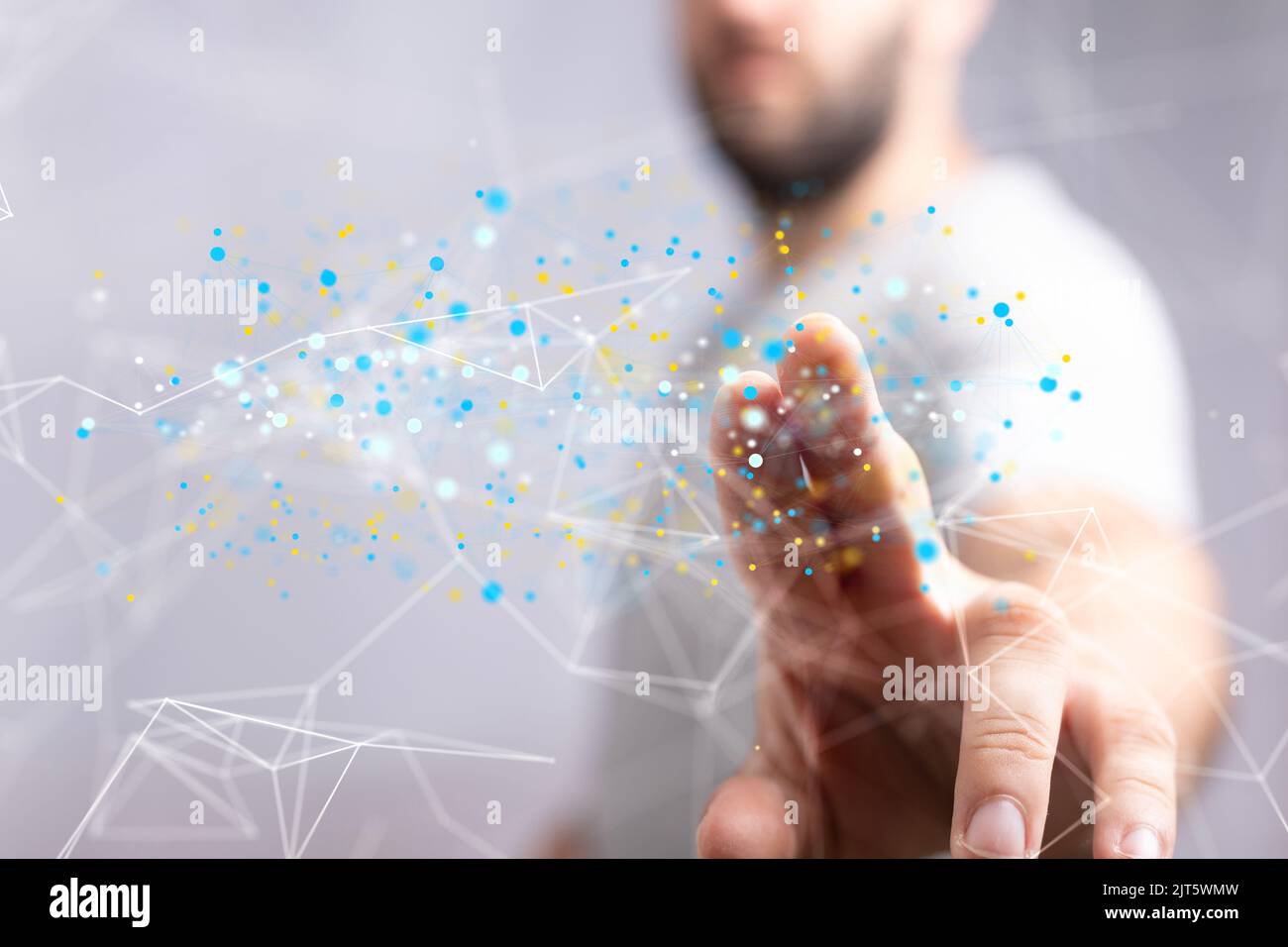 A 3D rendered global network hovering in mans hand Stock Photo - Alamy