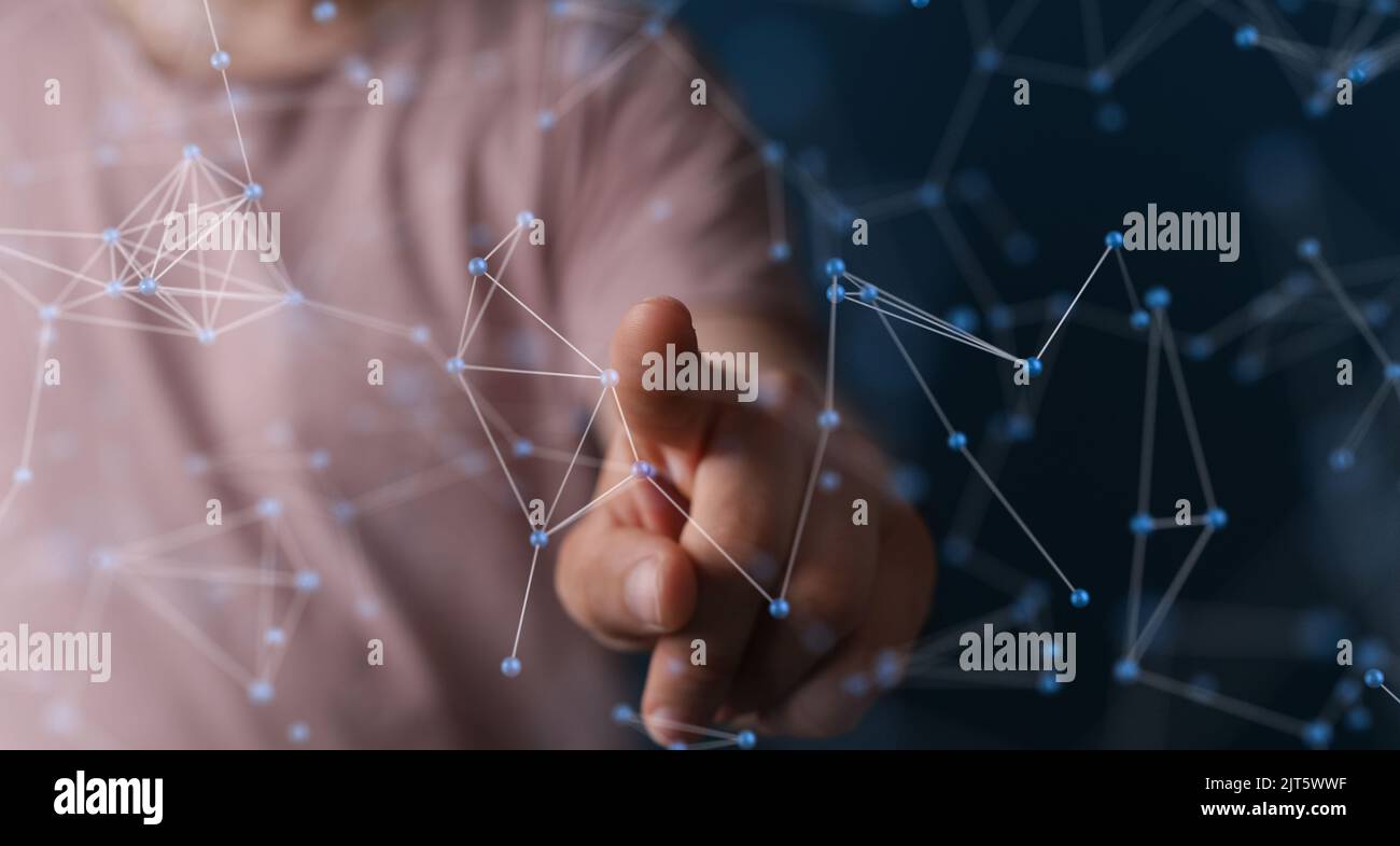 A 3D rendered digital network hovering in mans hand Stock Photo - Alamy
