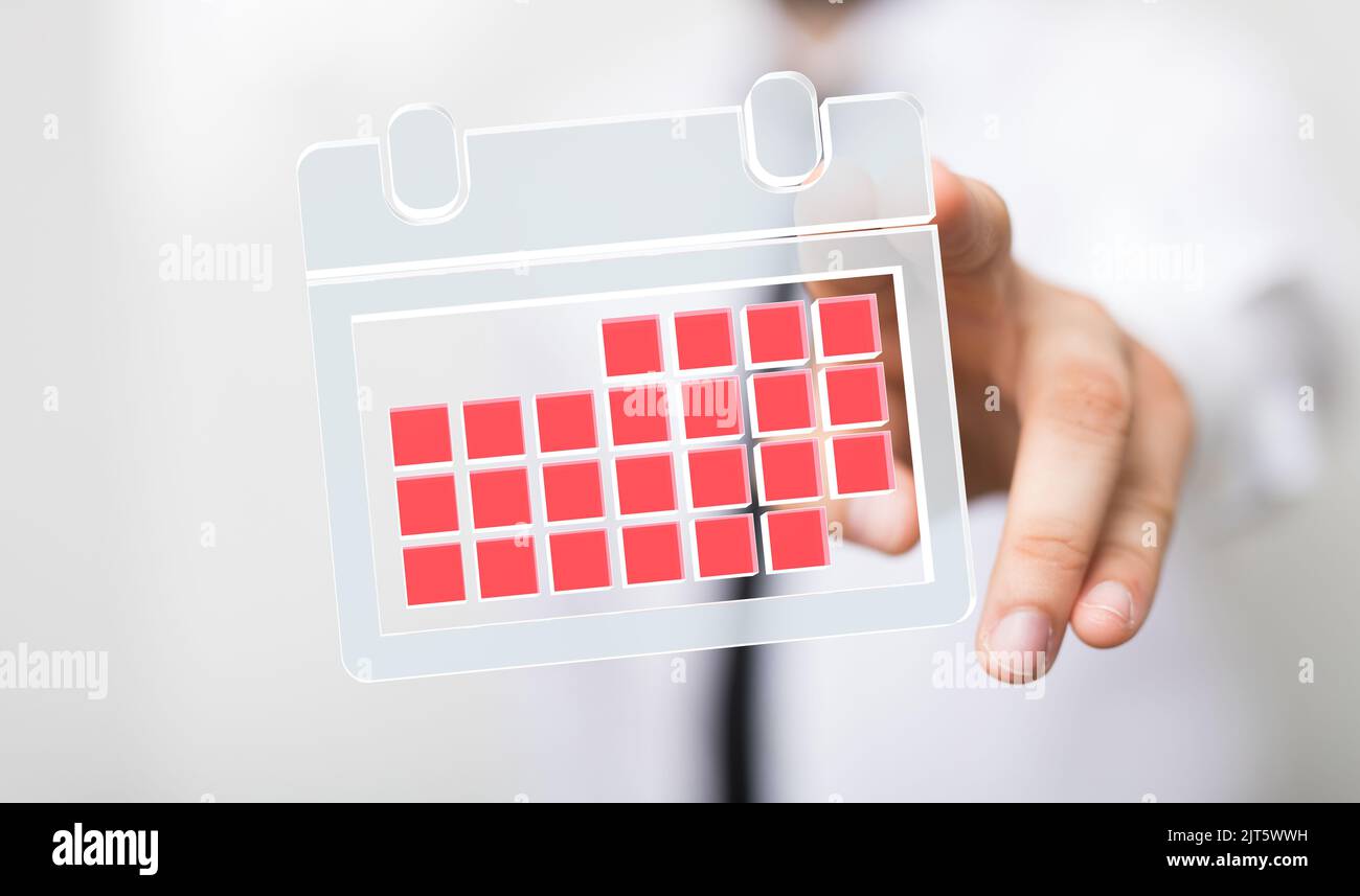 A man touching a 3D rendered levitating calendar with his finger Stock ...