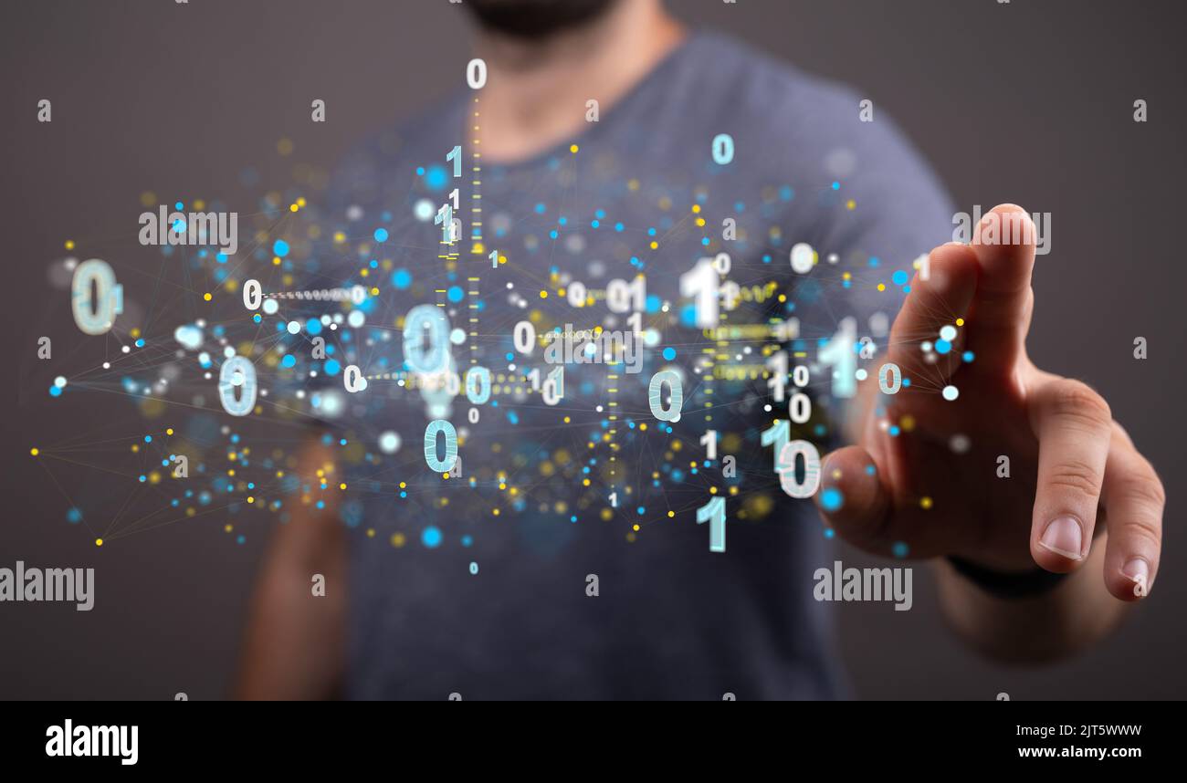 A 3D rendered global network hovering in mans hand Stock Photo - Alamy
