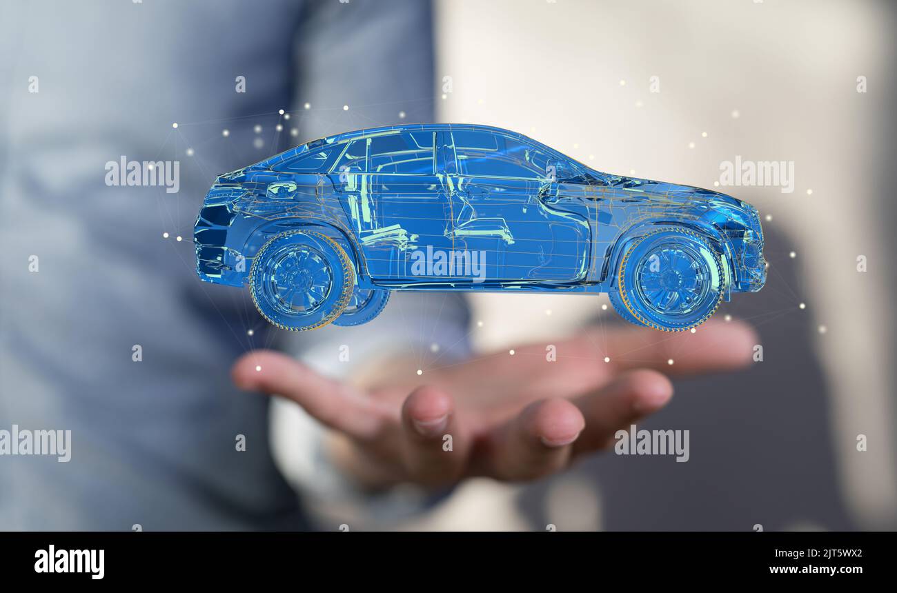 A 3D rendered car icon hovering in mans hand Stock Photo - Alamy
