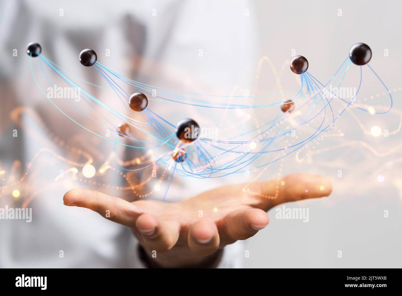 A 3D rendered global network hovering in mans hand Stock Photo - Alamy