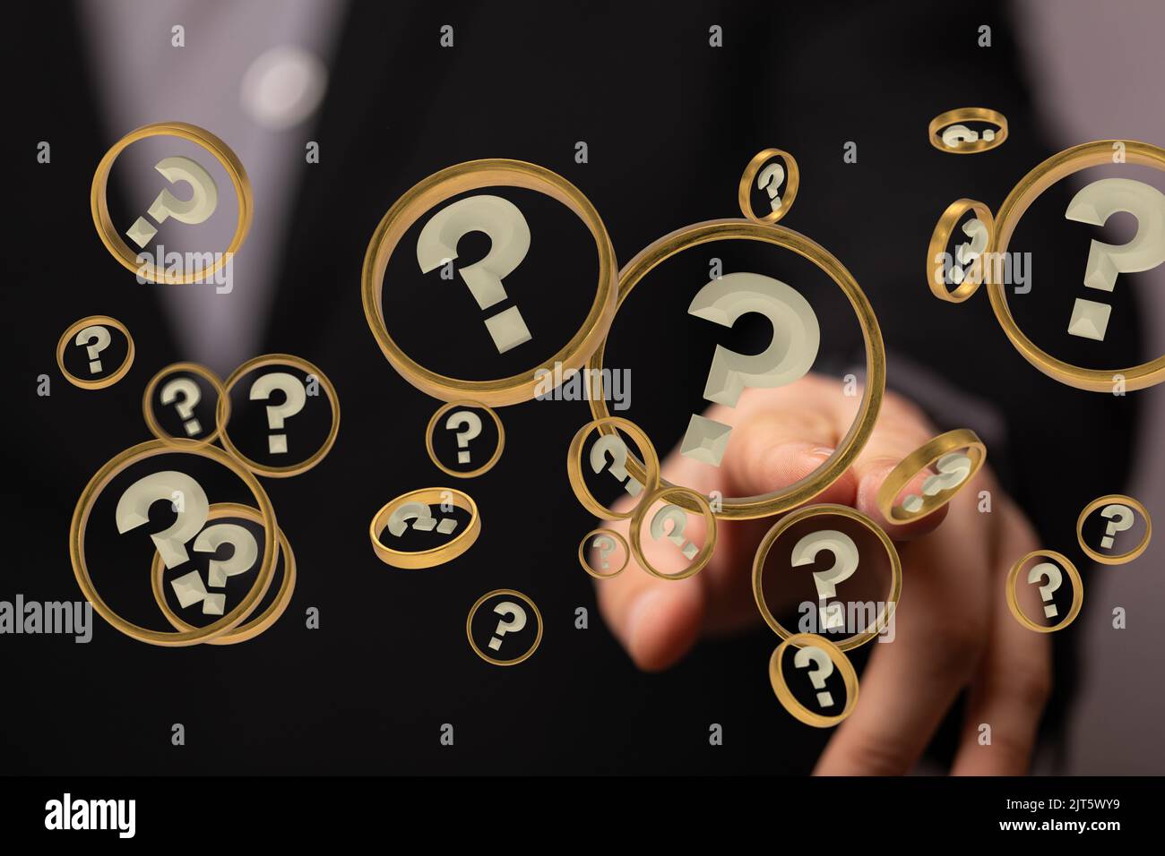 A 3D rendered question mark icon hovering in mans hand Stock Photo - Alamy