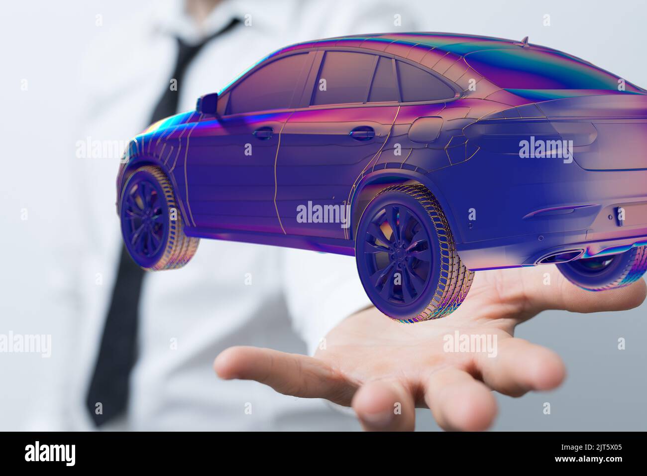 A 3D rendered car icon hovering in mans hand Stock Photo - Alamy