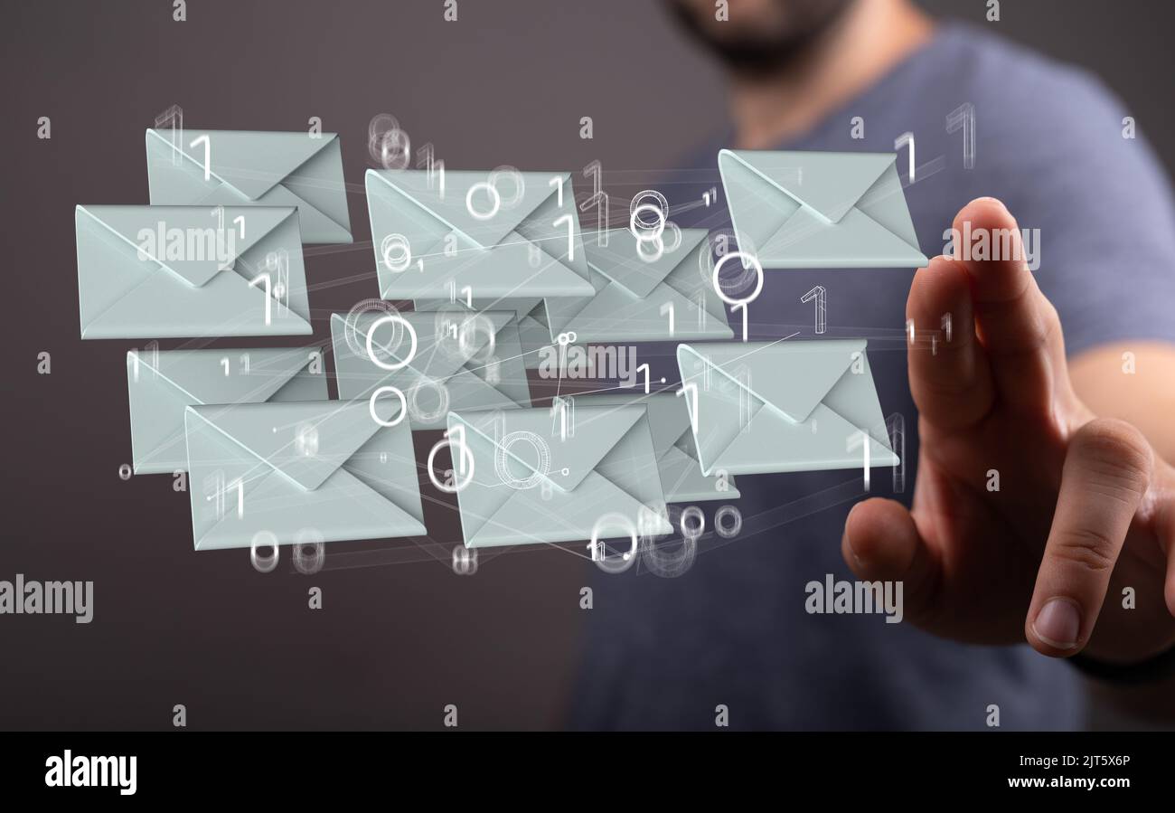 A 3D rendered electronic mail hovering in mans hand Stock Photo - Alamy