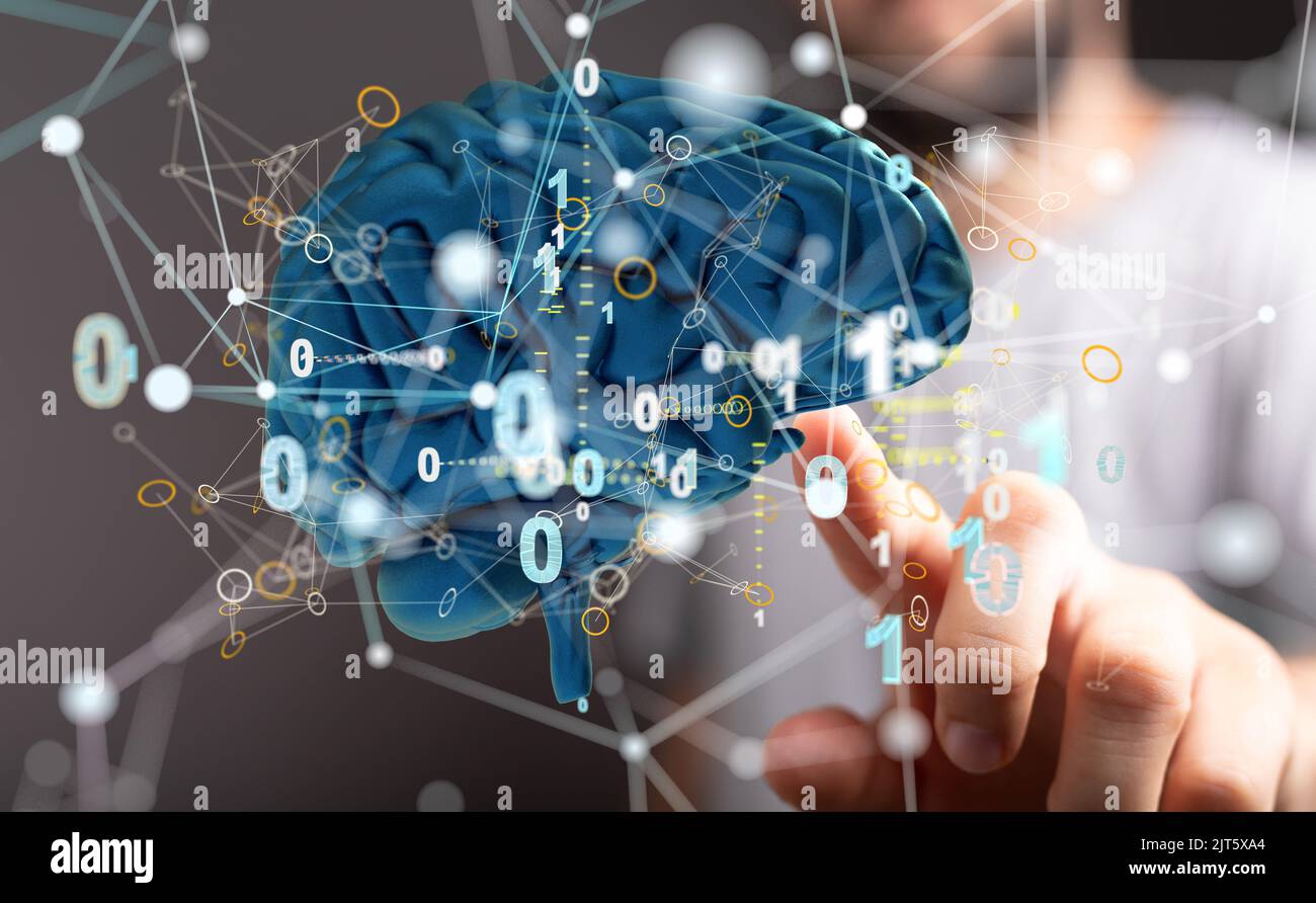 A 3D rendered human brain anatomical model hovering in mans hand Stock ...