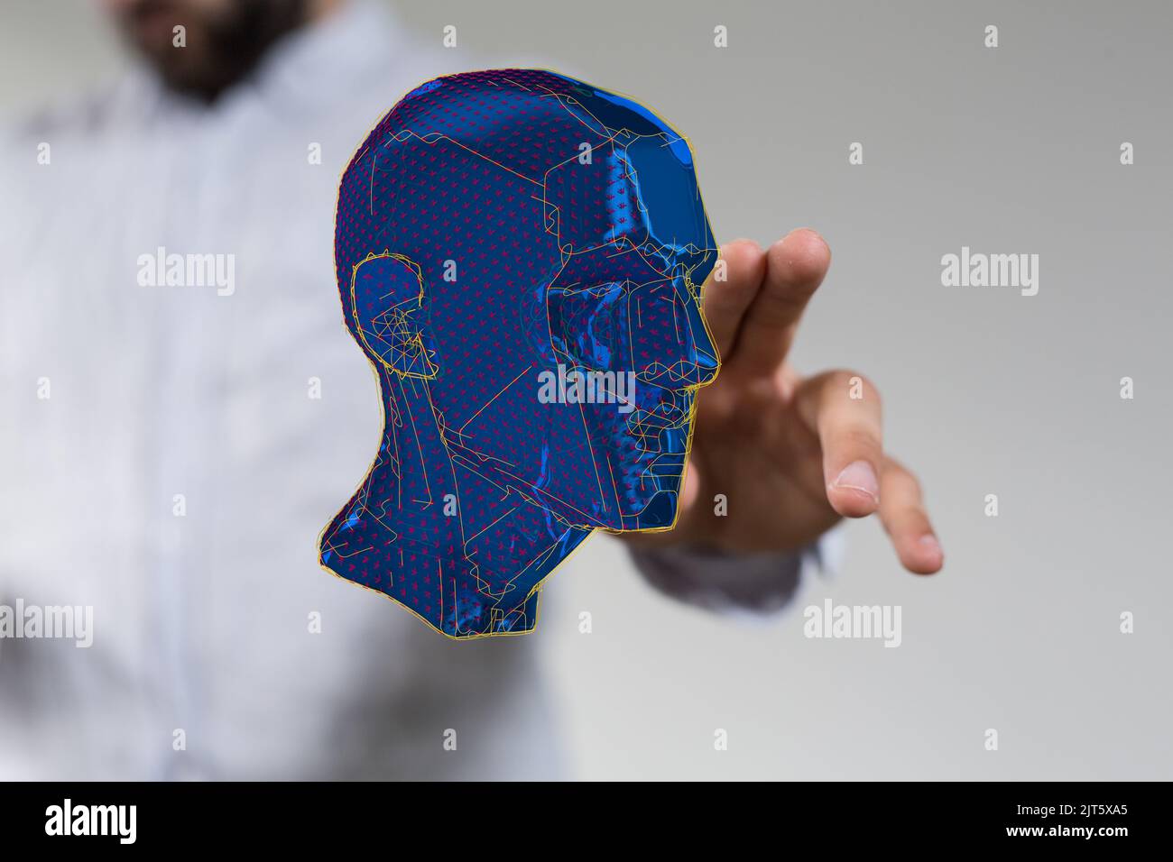 A 3D rendered human brain anatomical model hovering in mans hand Stock ...