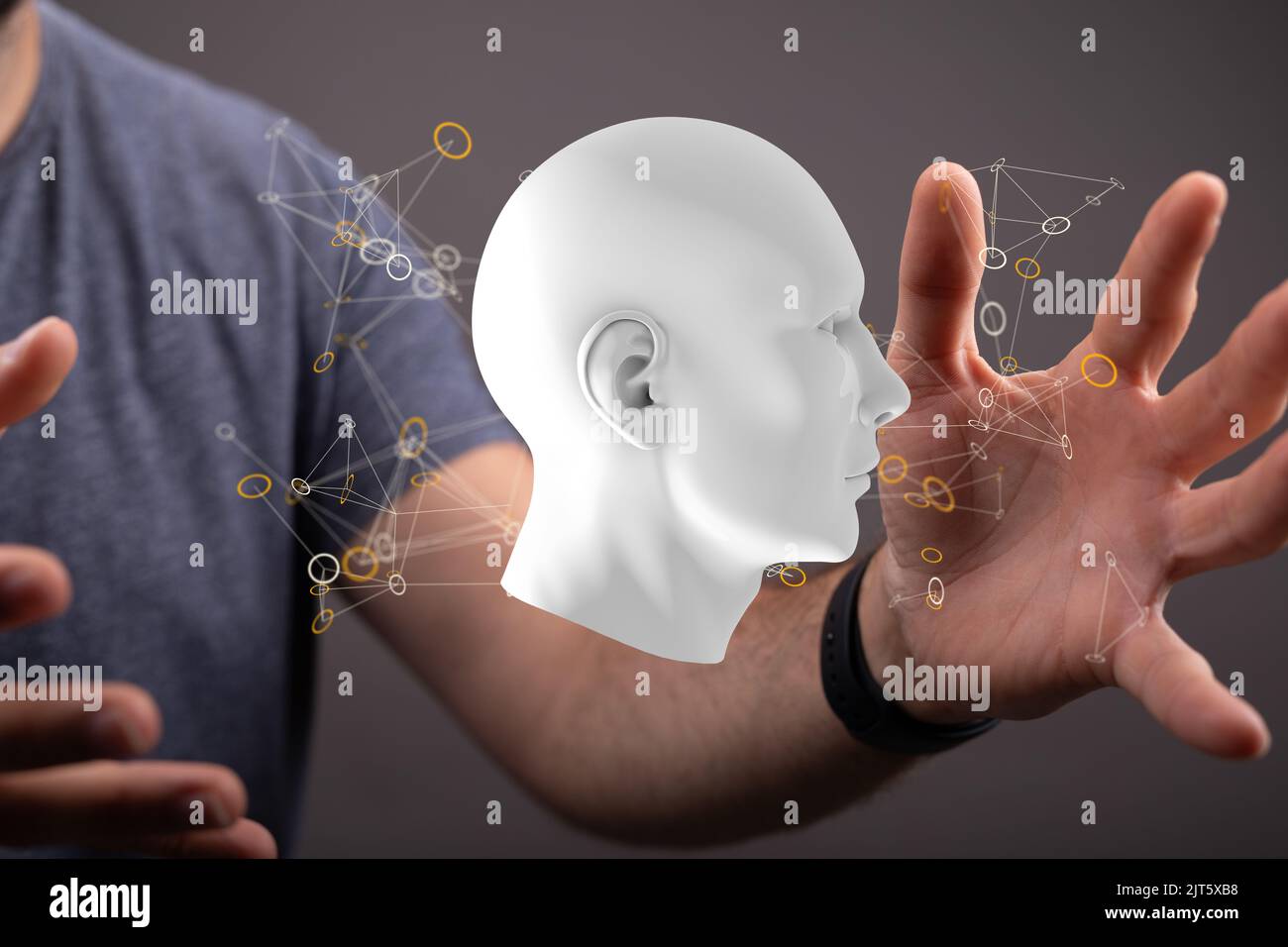 A 3D rendered human brain anatomical model hovering in mans hand Stock ...