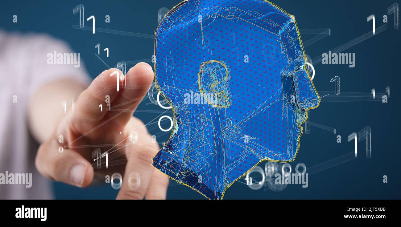 A 3D rendered human brain anatomical model hovering in mans hand Stock ...