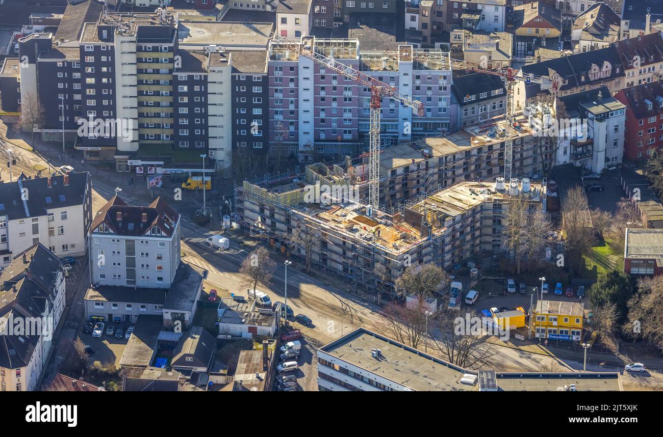 Aerial view, construction site and new building building complex at the corner of Voedestraße ...