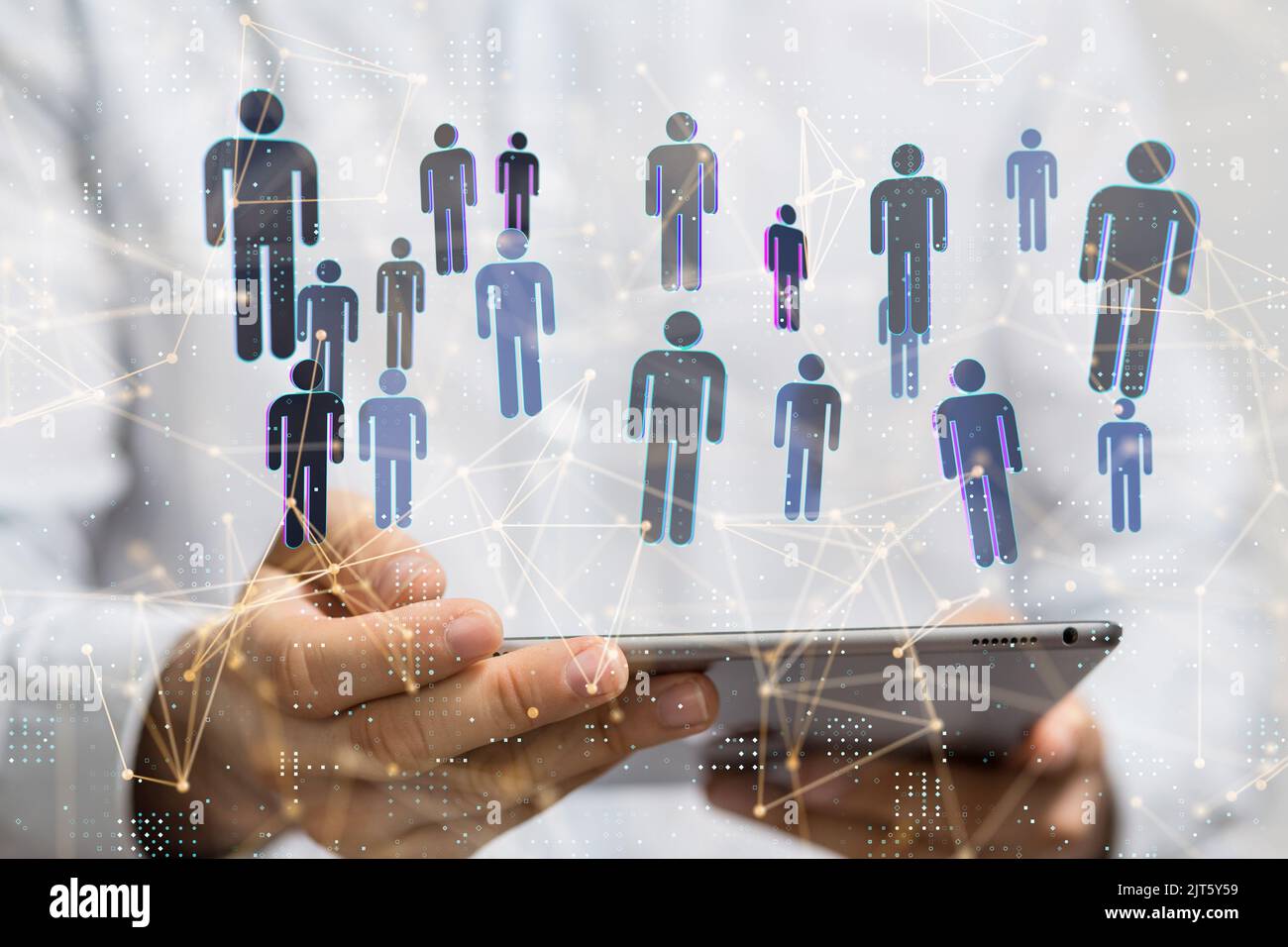 A businessman holding a tablet with 3D rendering of a global network ...