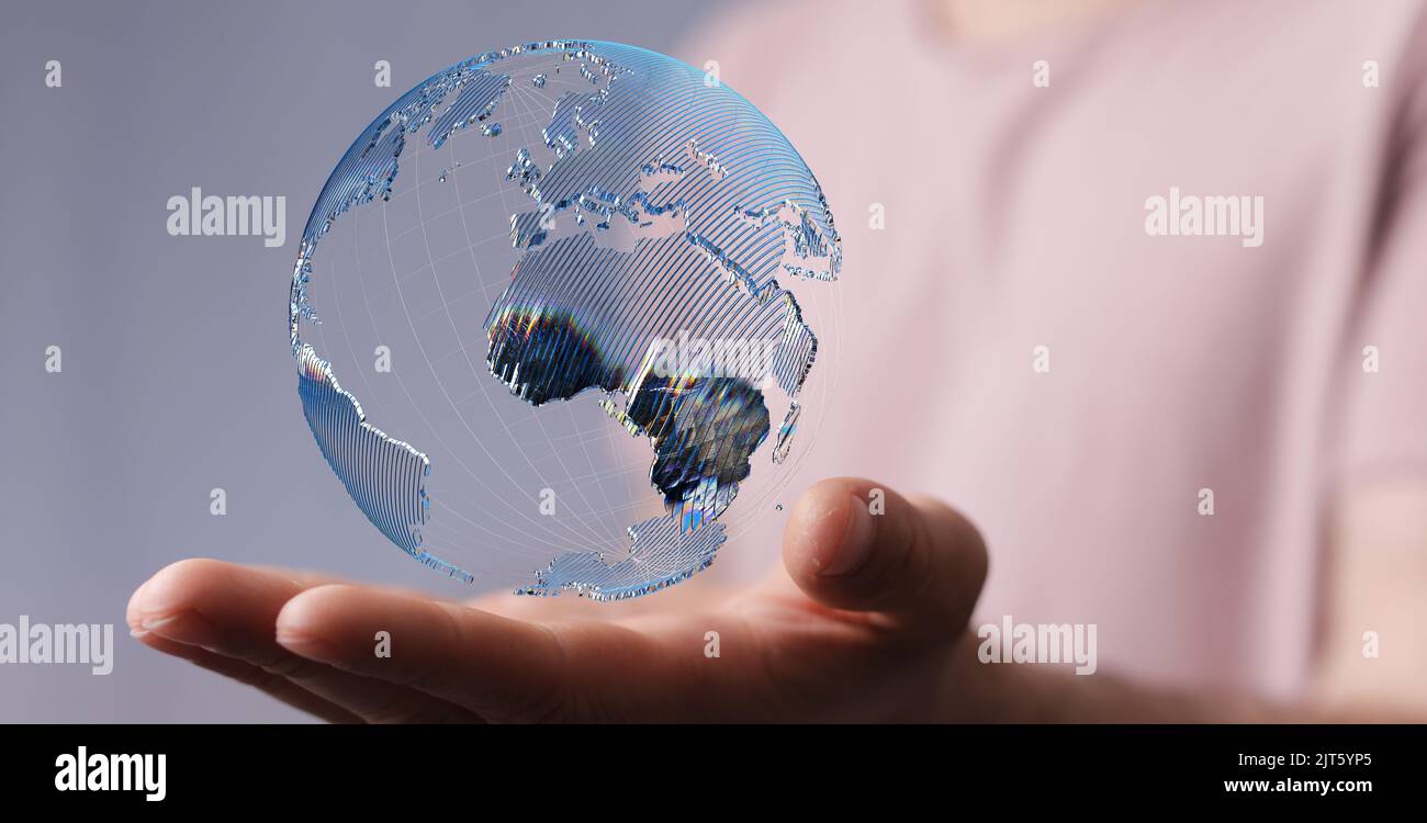 A 3D rendered global network hovering in mans hand Stock Photo - Alamy