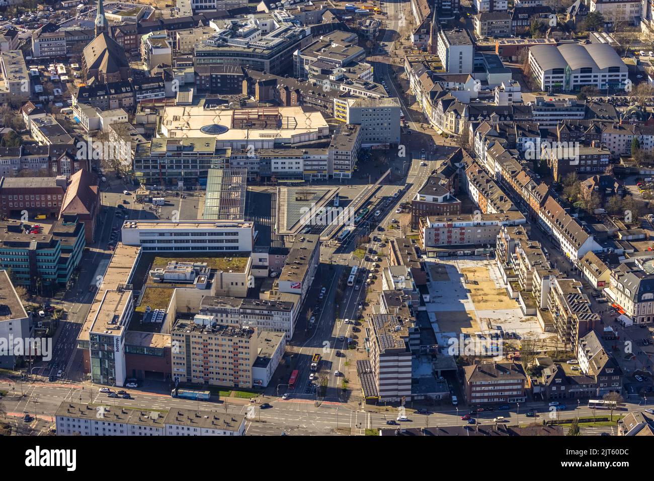 Aerial view, city with bus station in the old town, Bottrop, Ruhr area ...