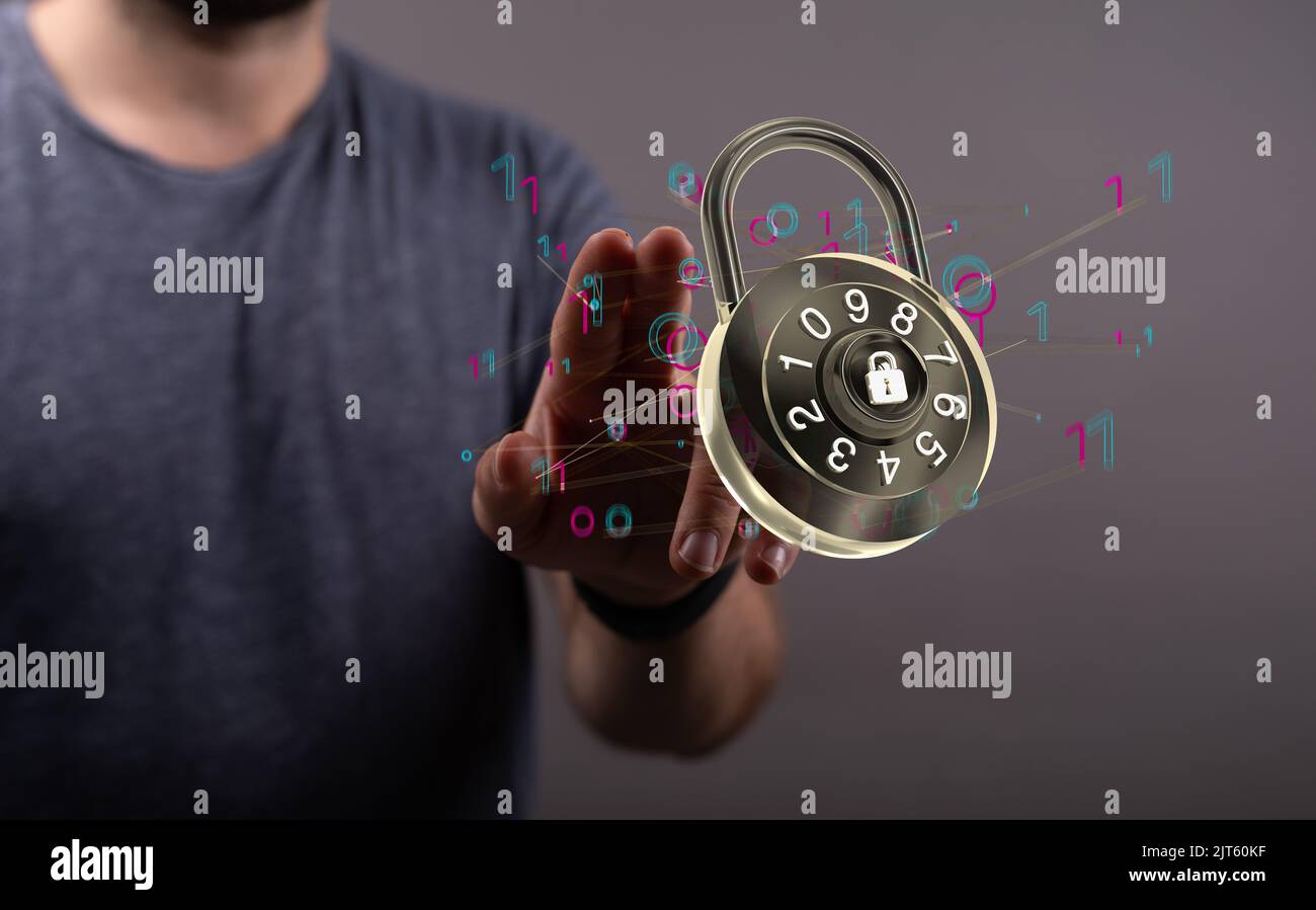 A 3D rendered security lock hovering in mans hand Stock Photo - Alamy