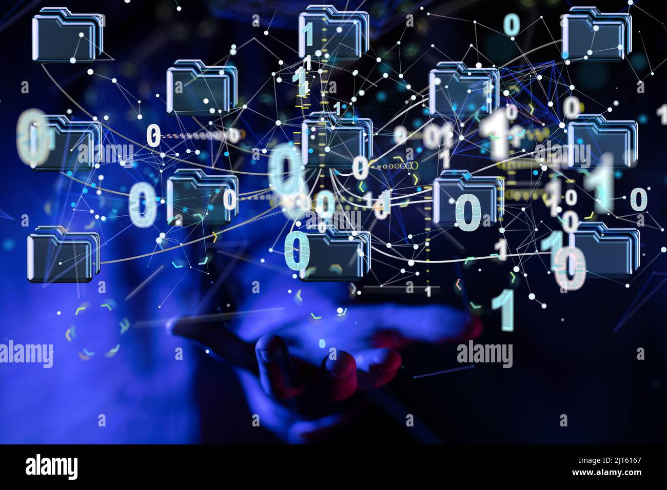 3d rendering of data network with connected computer folder symbols and binary codes in person's ...