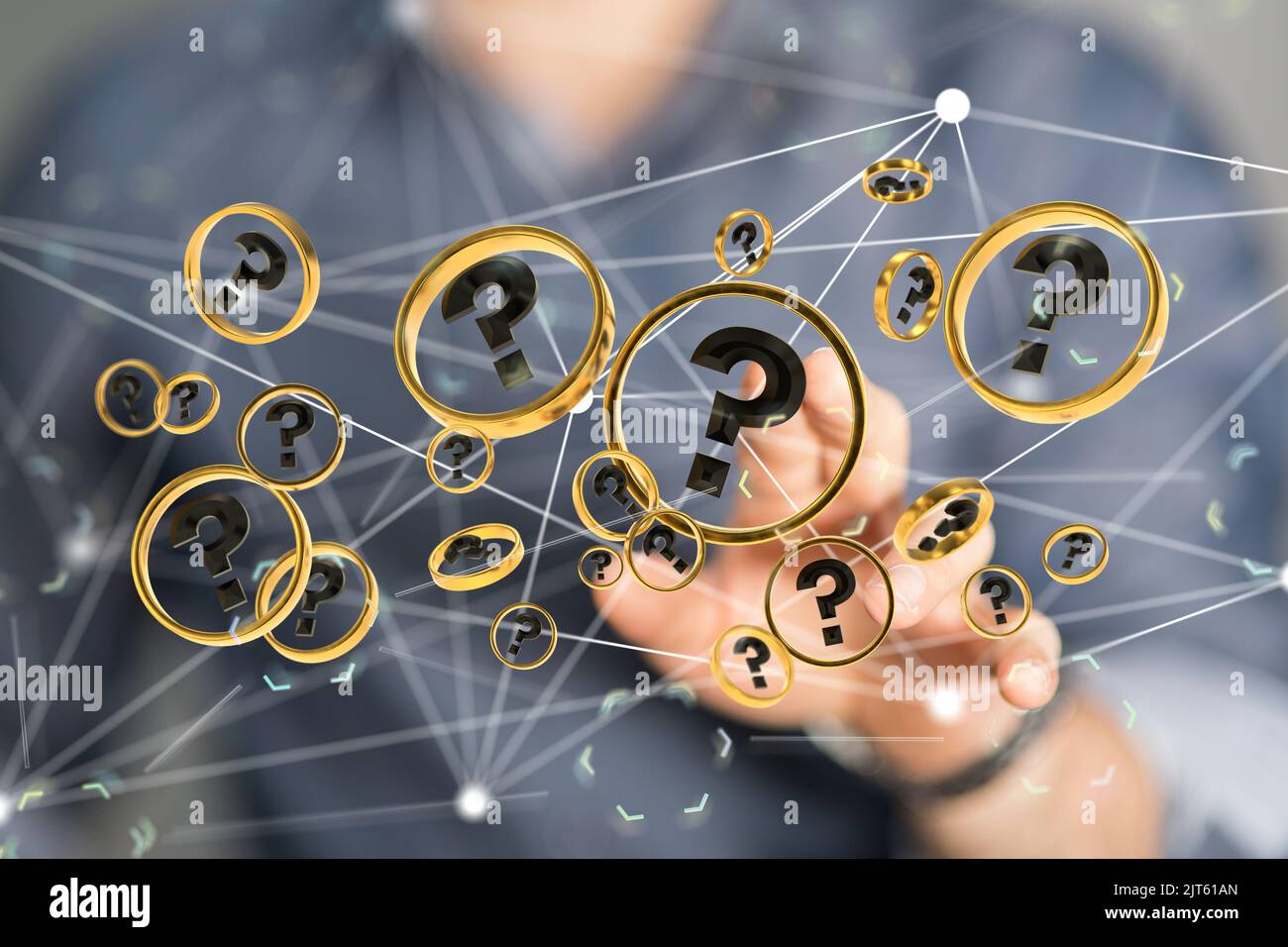 A 3D rendered question mark icon hovering in mans hand Stock Photo - Alamy