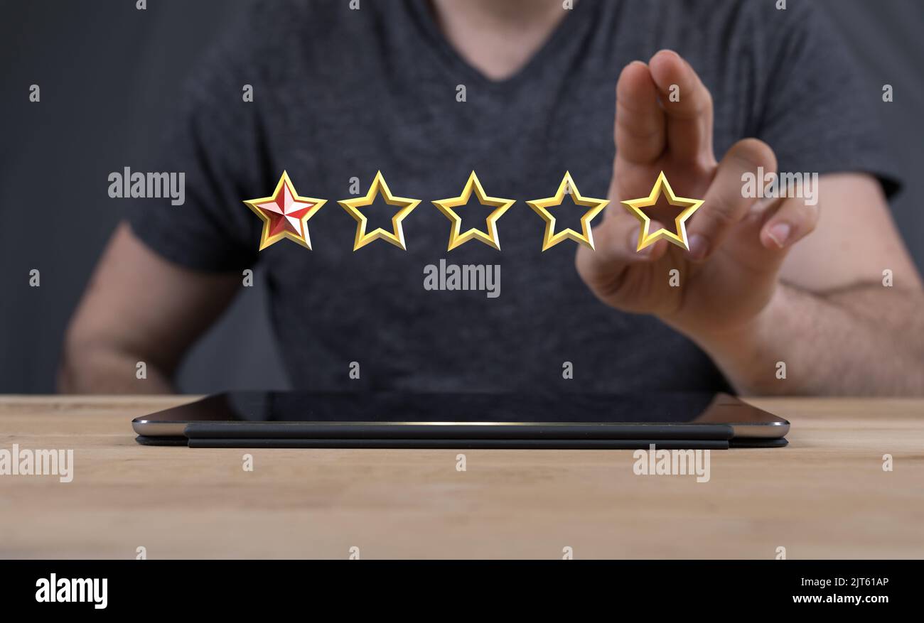 A 3D rendered five stars icon hovering in mans hand Stock Photo - Alamy