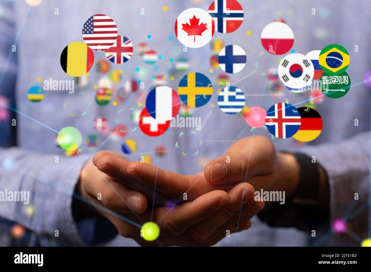 A 3D rendered country flags icon hovering in mans hand Stock Photo - Alamy