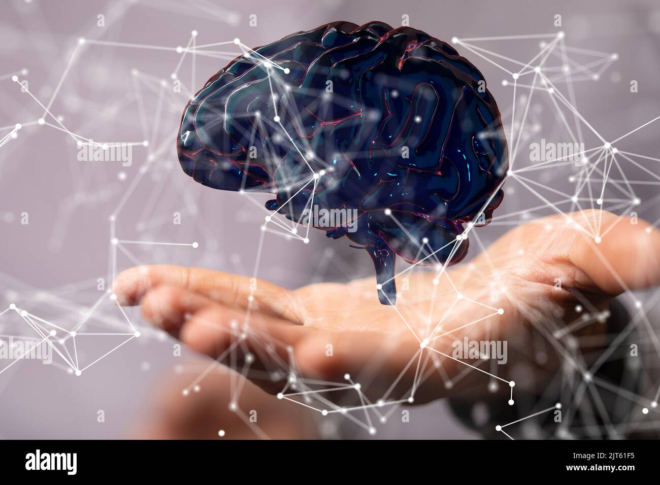A 3D rendered human brain anatomical model hovering in mans hand Stock ...