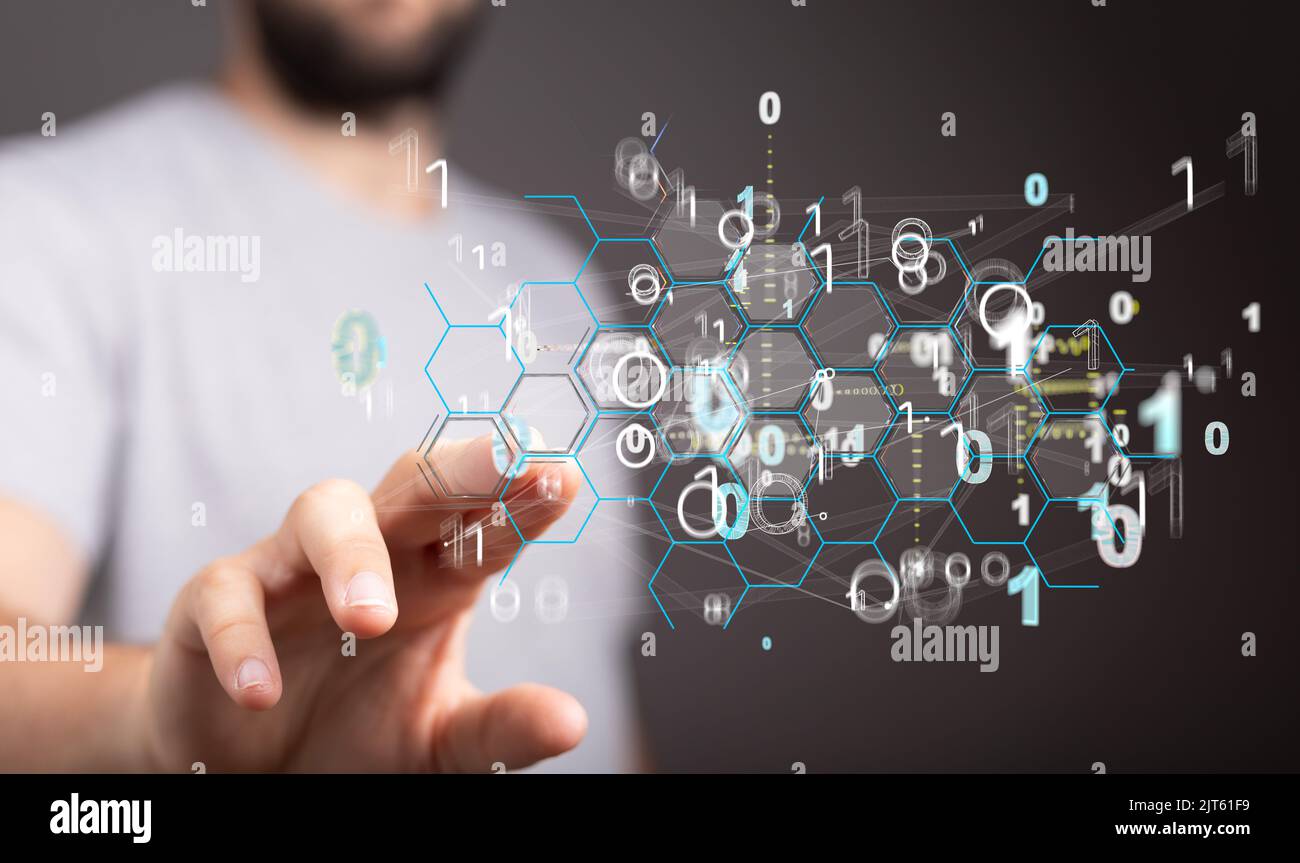 A 3D rendered digital network hovering in mans hand Stock Photo - Alamy