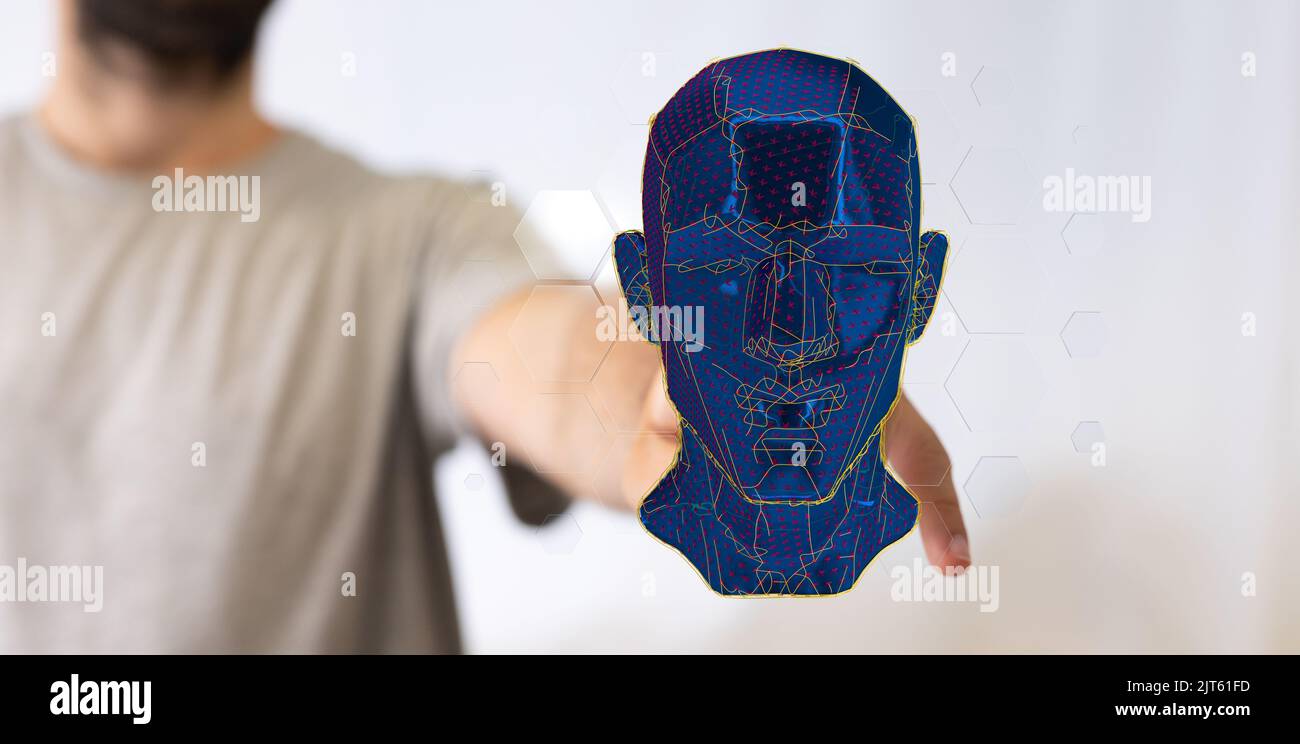 A 3D rendered human brain anatomical model hovering in mans hand Stock ...