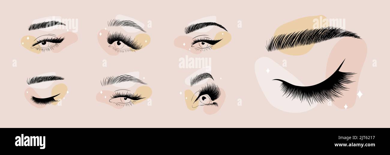 Set Of Minimalist Female Eyes On Colored Spots Linear Women Lashes And