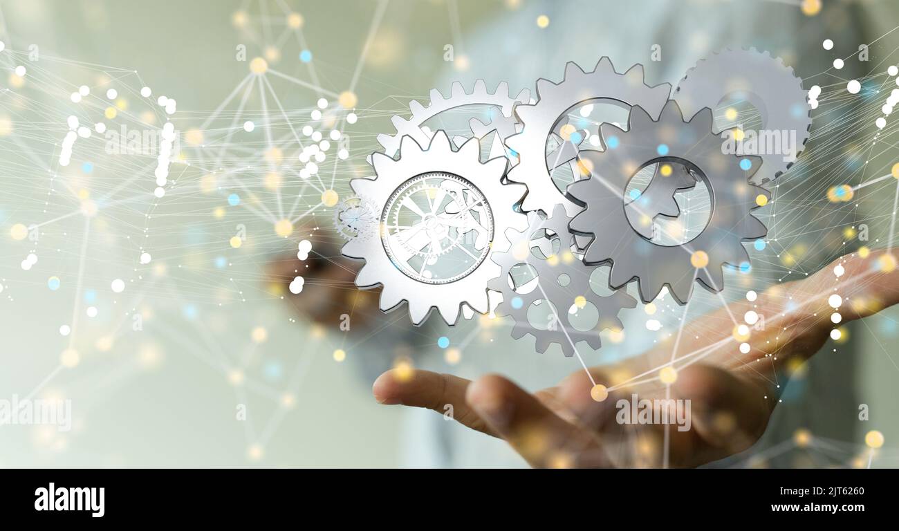 The hand holding 3d gears. Technology, data concept Stock Photo - Alamy