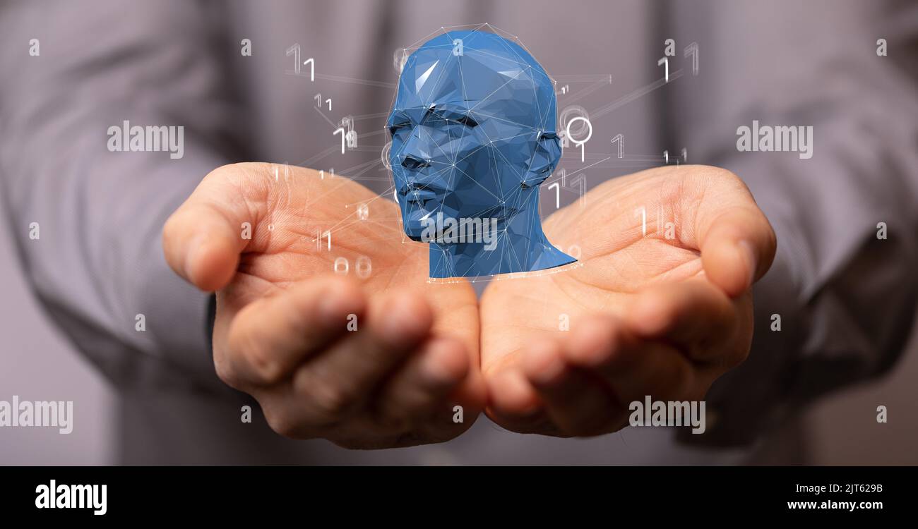 A 3D illustration of a human head and binary code- artificial ...
