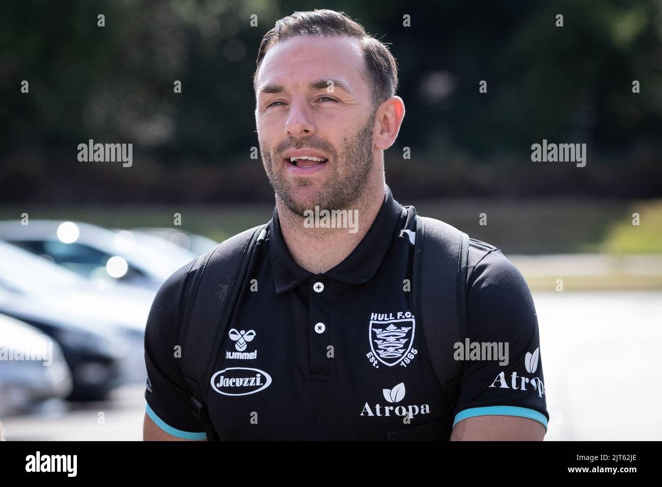 Luke Gale #7 of Hull FC arrives at The MKM Stadium ahead of today's ...
