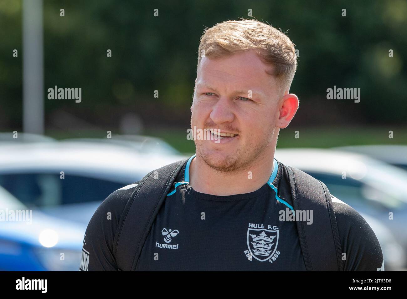 Jordan Johnstone #21 of Hull FC arrives at The MKM Stadium ahead of ...
