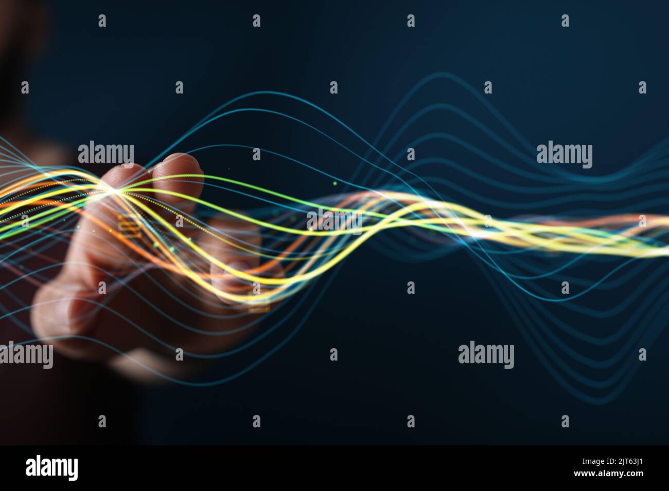 A finger touching an illustration of colorful illuminated waves Stock ...