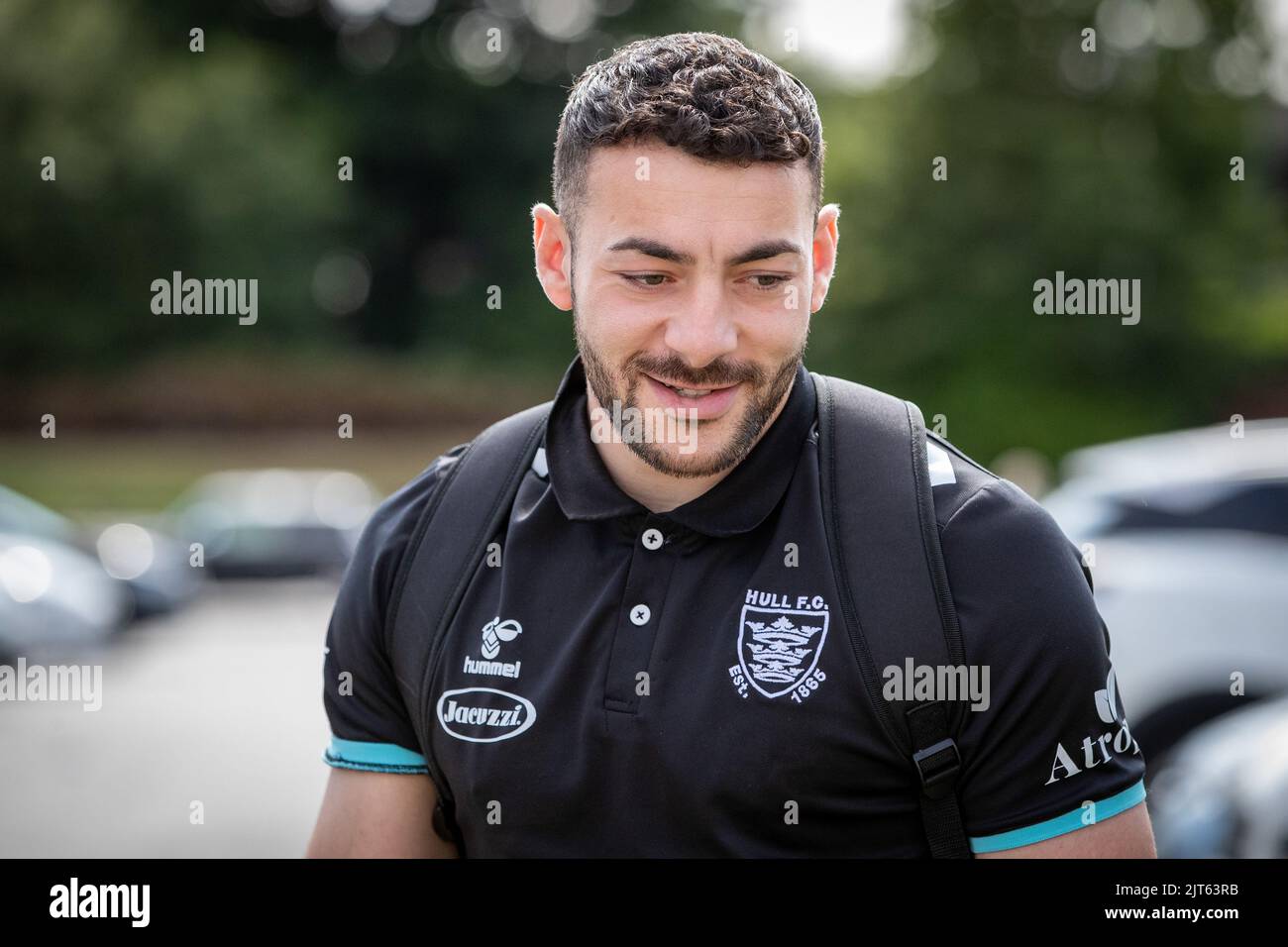 Jake Connor #1 of Hull FC arrives at The MKM Stadium ahead of today's ...
