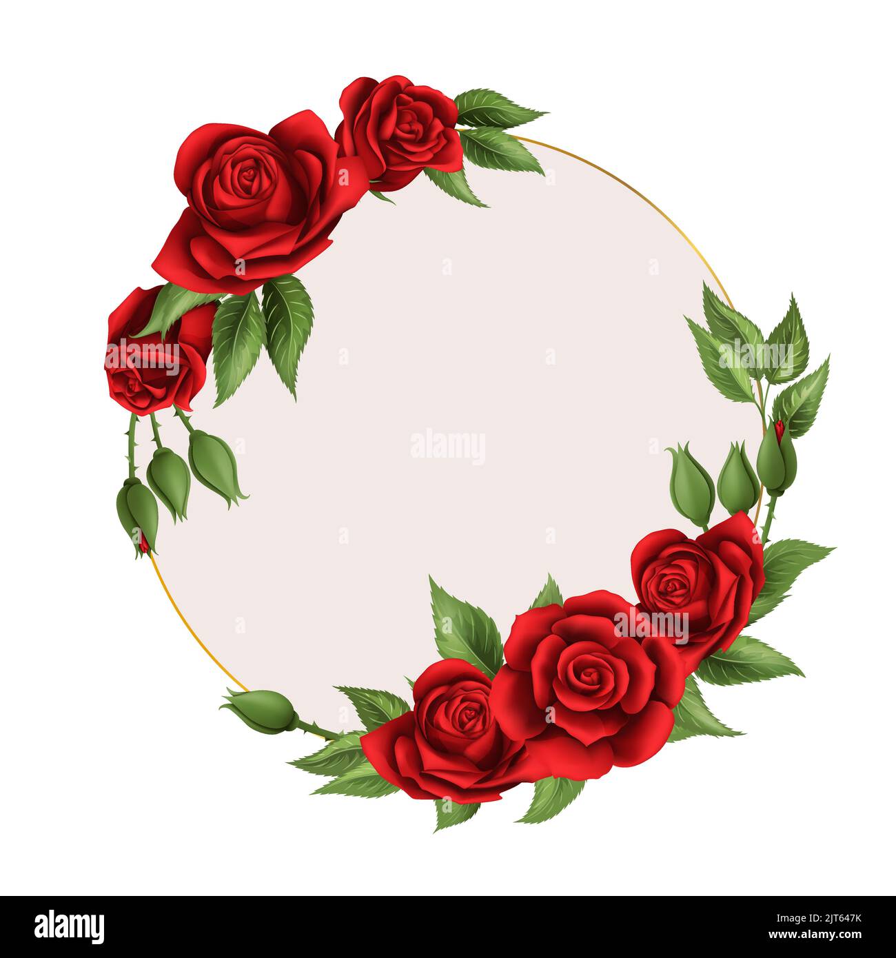 Wedding invitation delicate red roses on circle frame with empty space ...