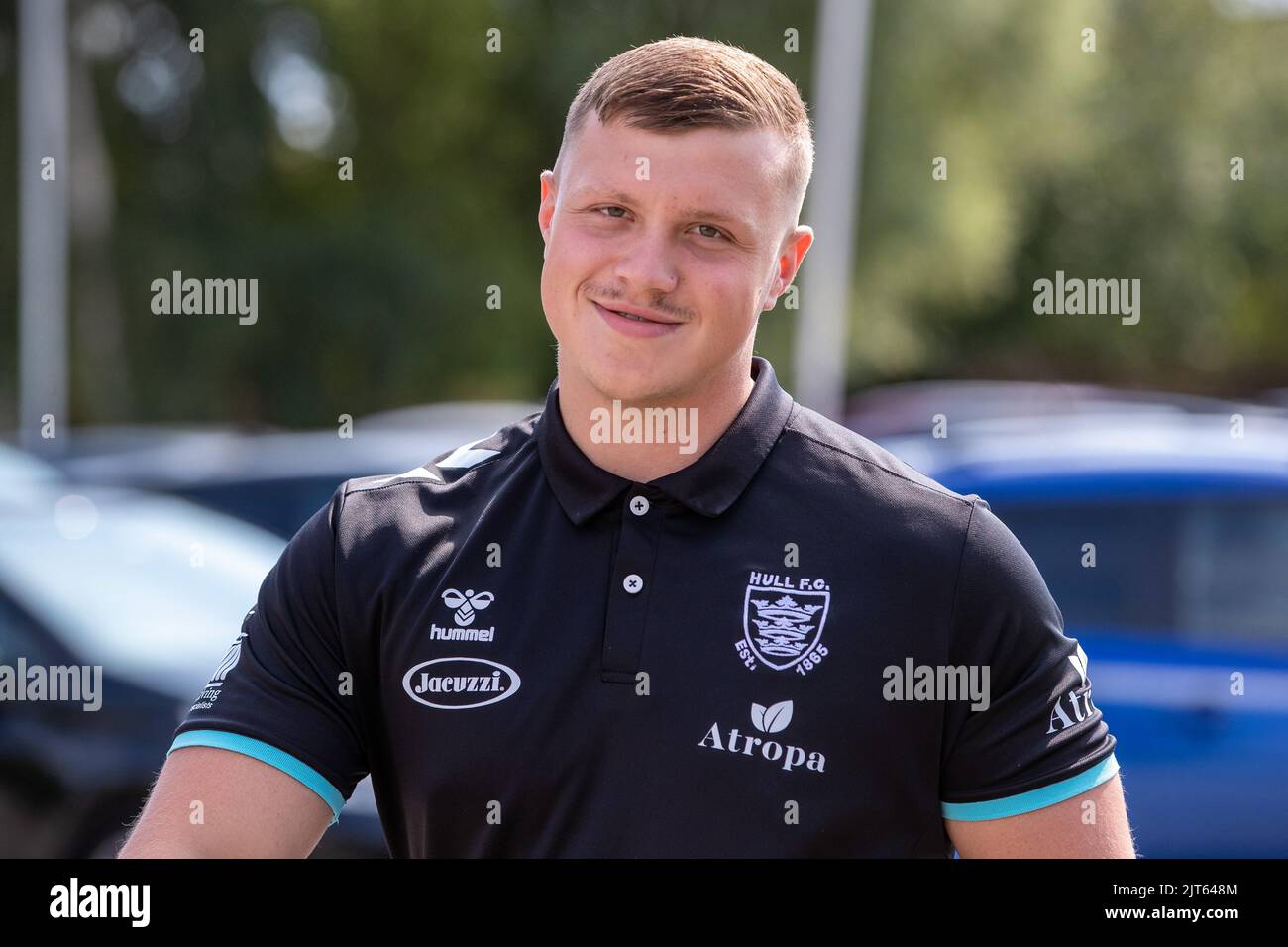 Jack Brown #20 of Hull FC arrives at The MKM Stadium ahead of today's ...