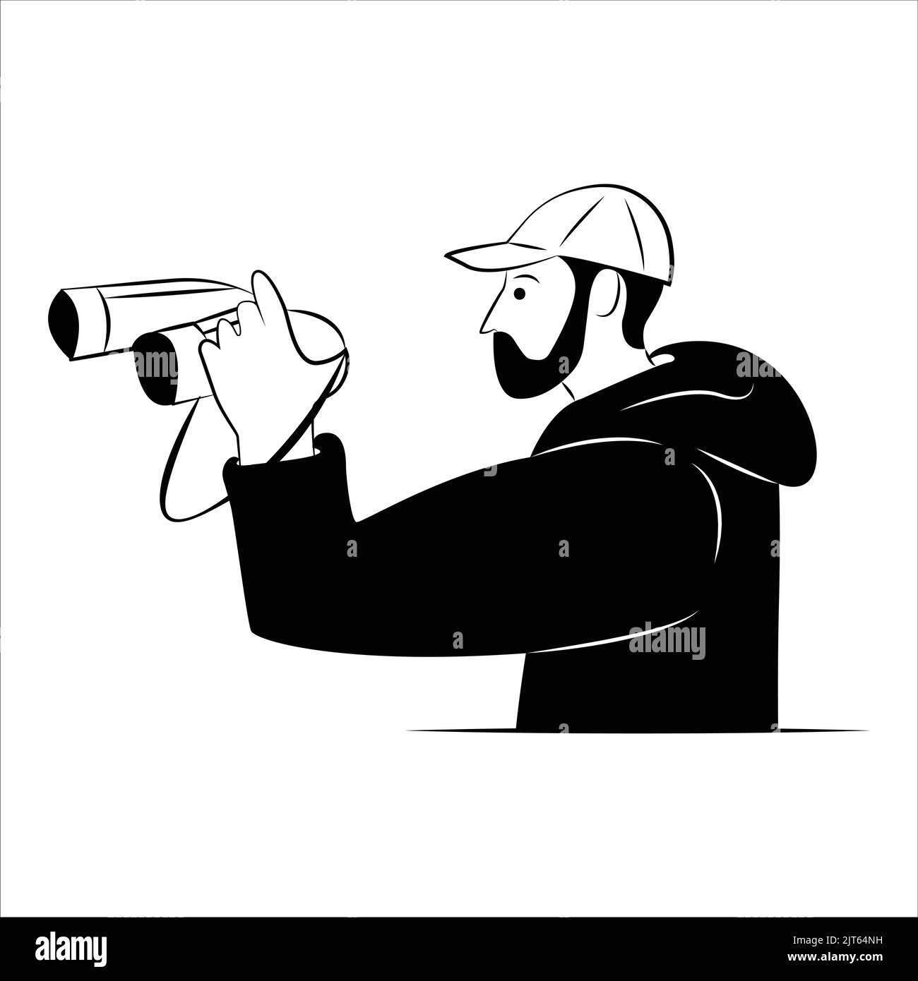 Man holding binoculars - hoodie and cap dressed man seeing from ...